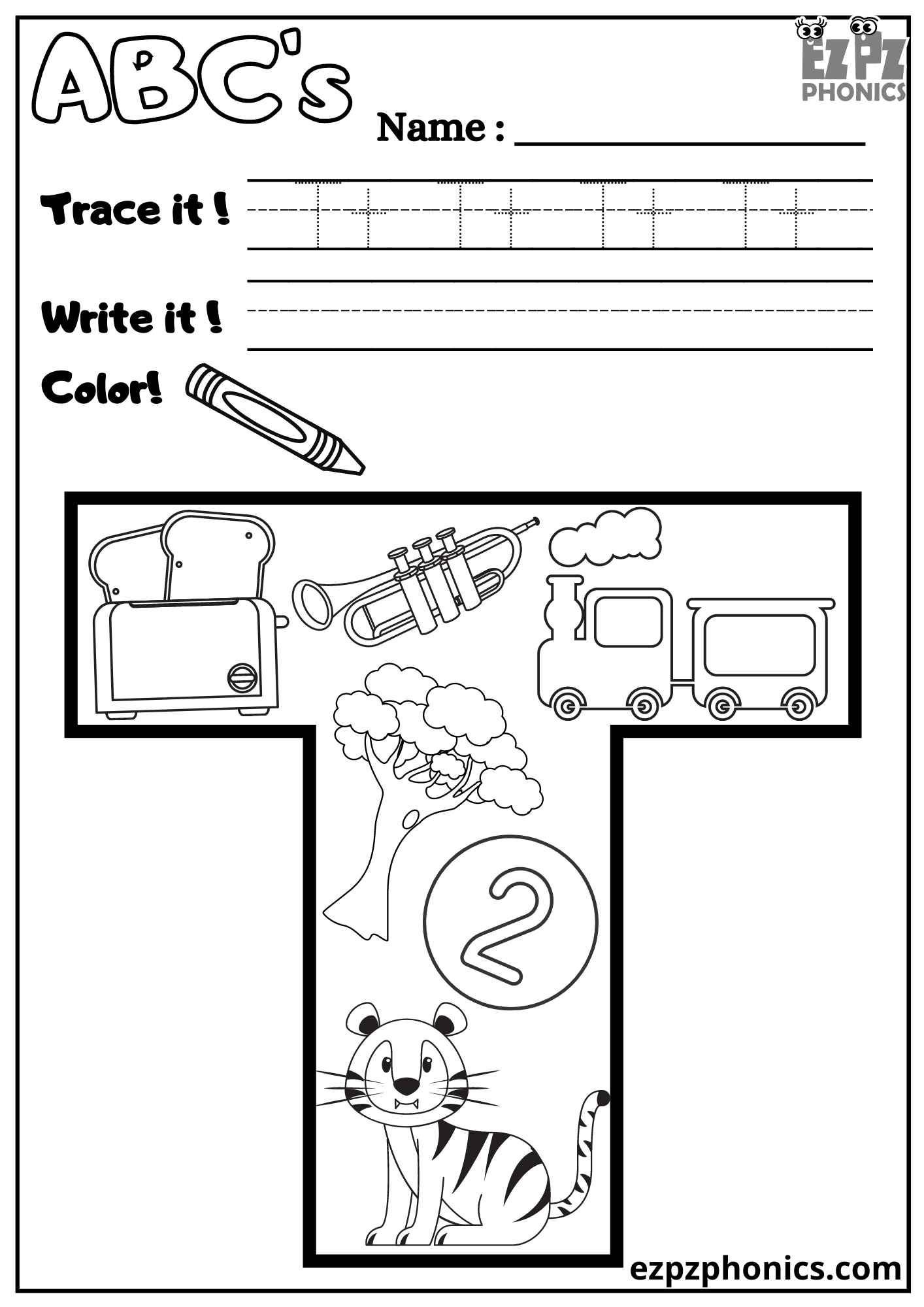 Letter T Trace, Write, and Color - ezpzphonics.com