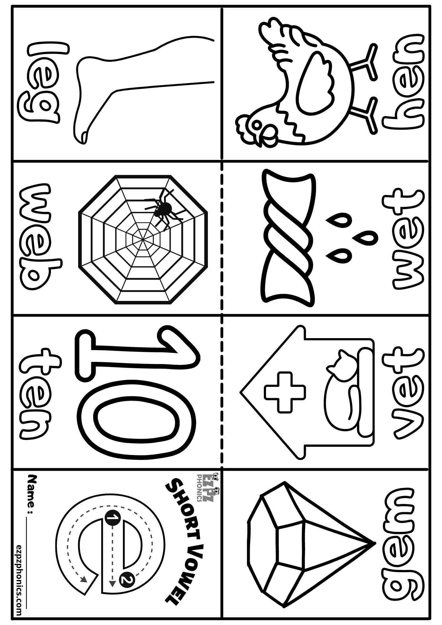 Short Vowel E Mini Coloring Book CVC Words 1 - ezpzphonics.com
