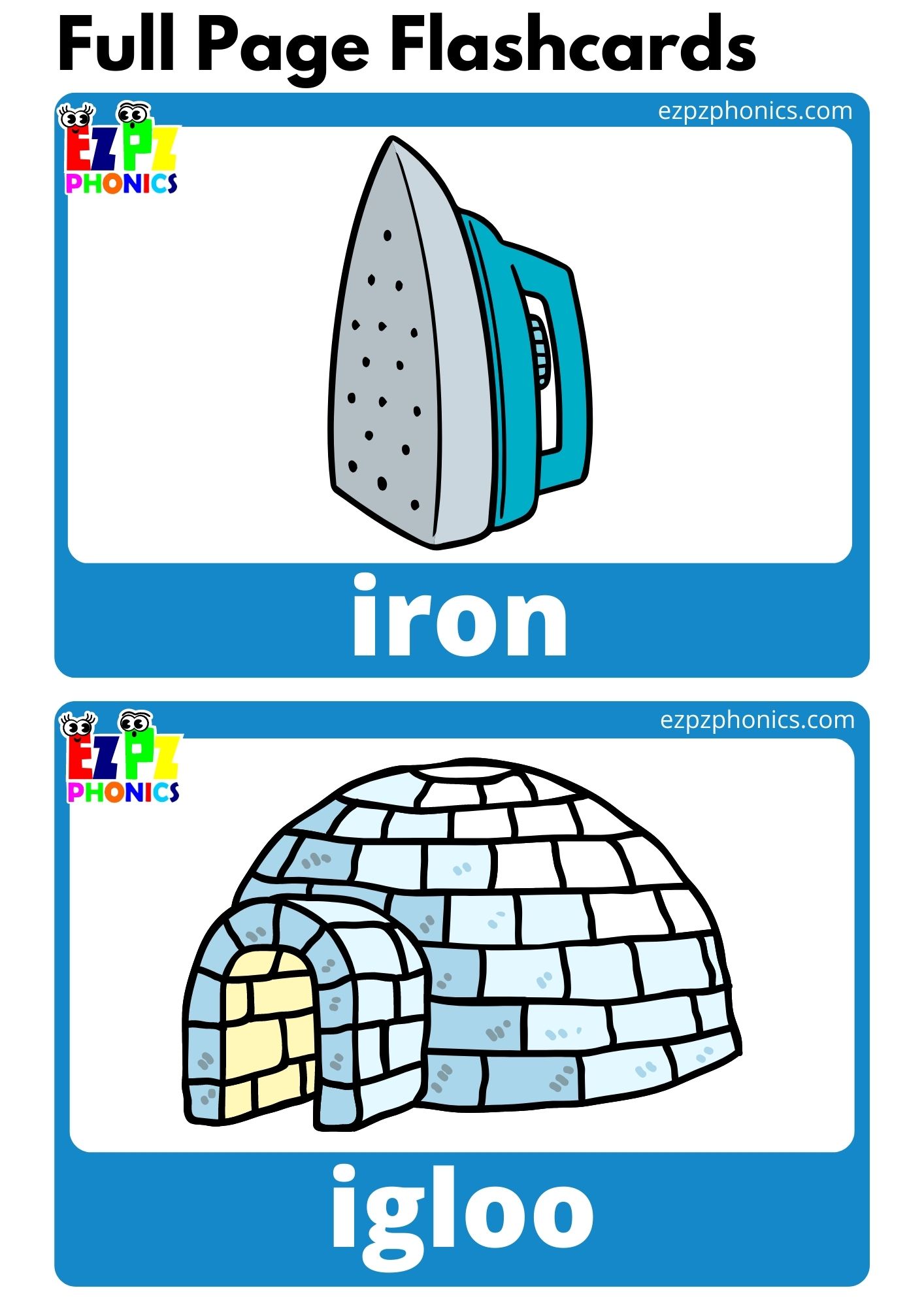 I Beginning Sounds Full Page Flashcards with Words Phonics Letter ...