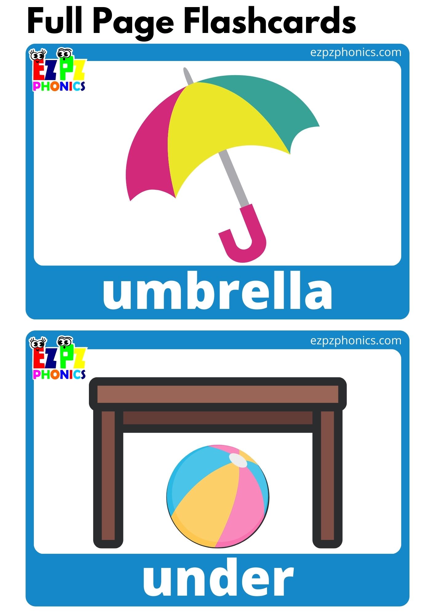 U Beginning Sounds Full Page Flashcards with Words Phonics Alphabet ...