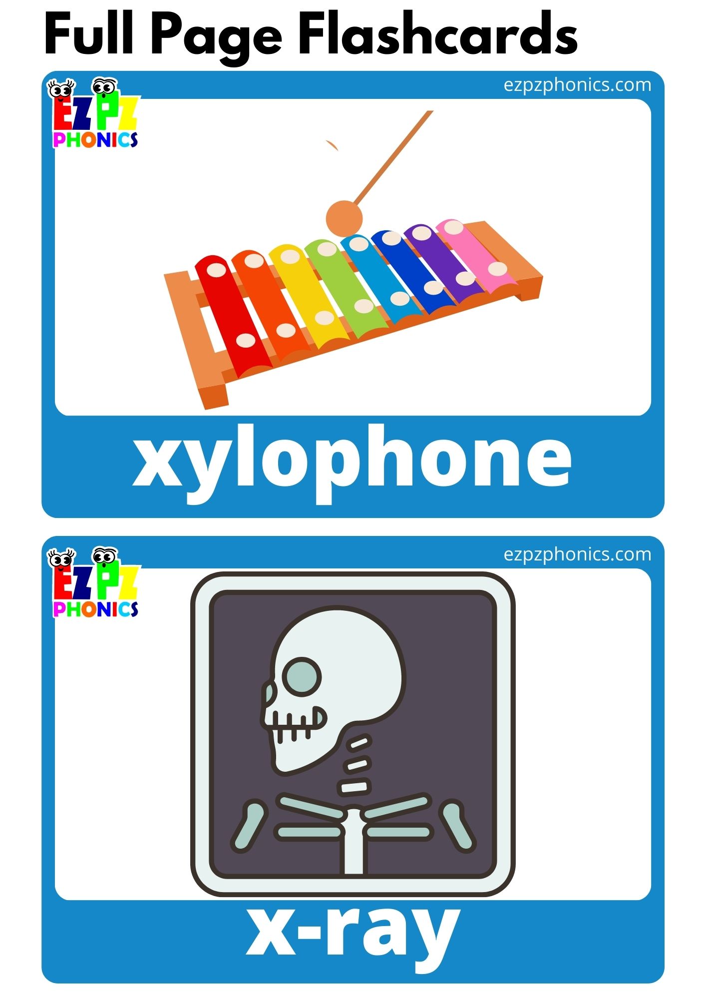 X Beginning Sounds Full Page Flashcards with Words Phonics Alphabet ...