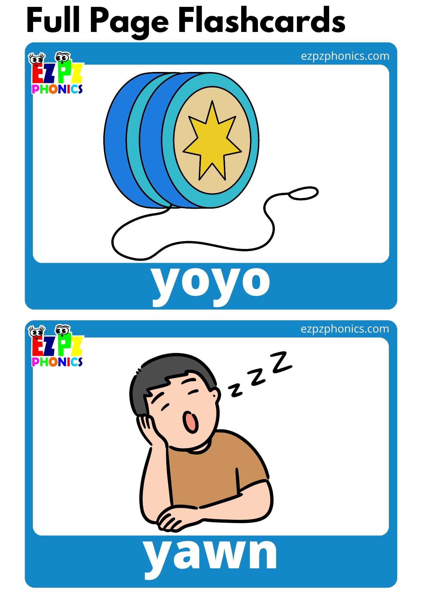 Y Beginning Sounds Full Page Flashcards with Words Phonics Alphabet ...