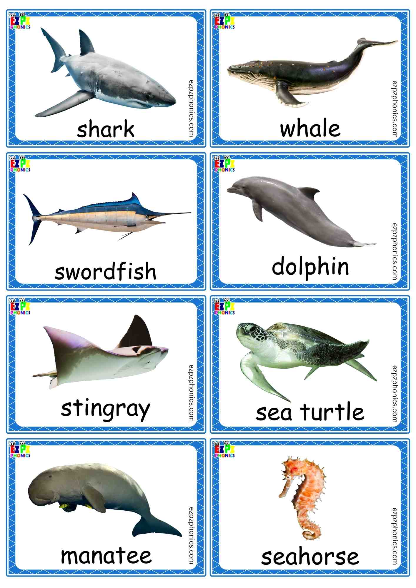 Sea Animals Mini Flashcards Free PDF - ezpzphonics.com