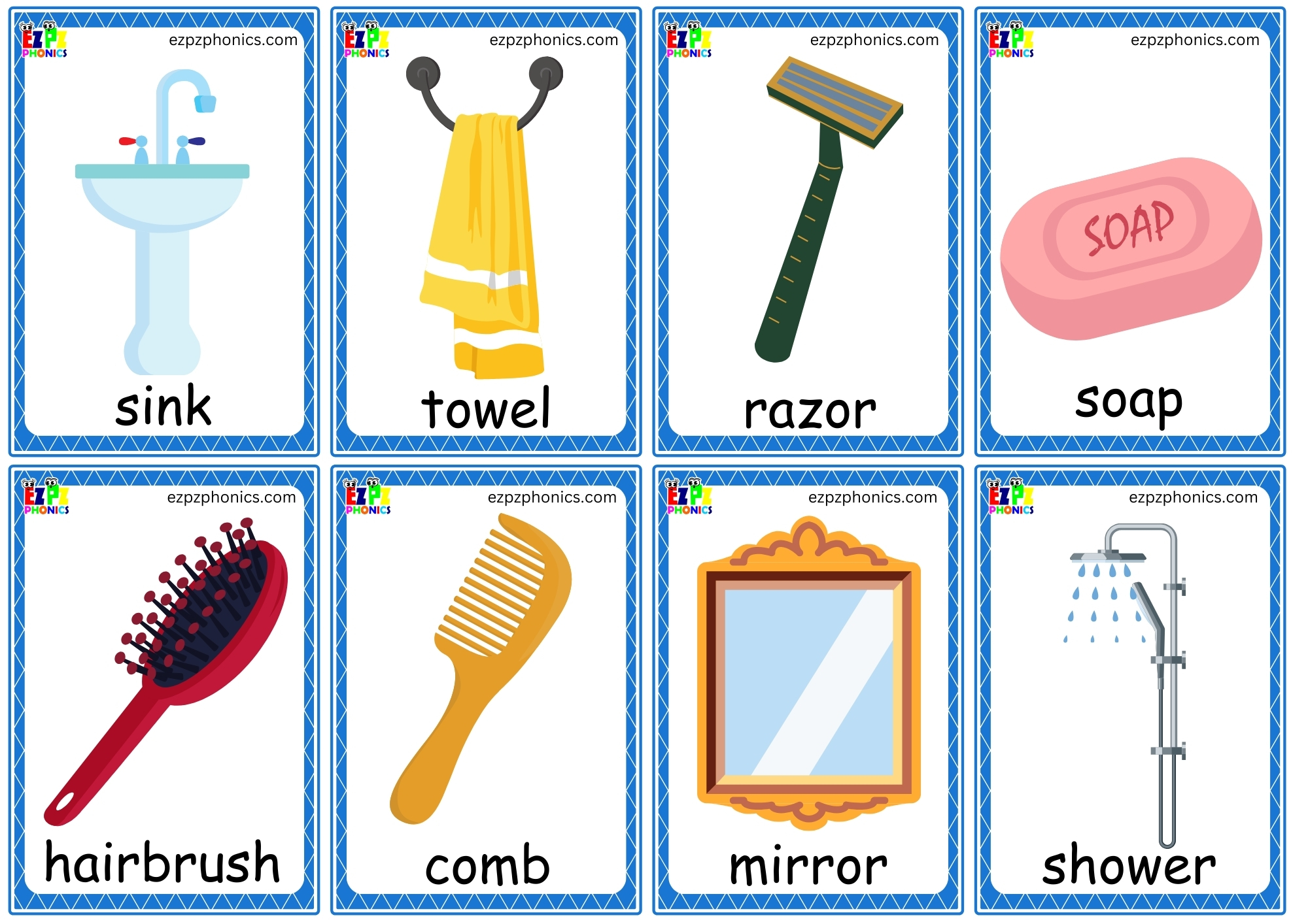 Bathroom Vocabulary Mini Flashcards and Game Cards - ezpzphonics.com