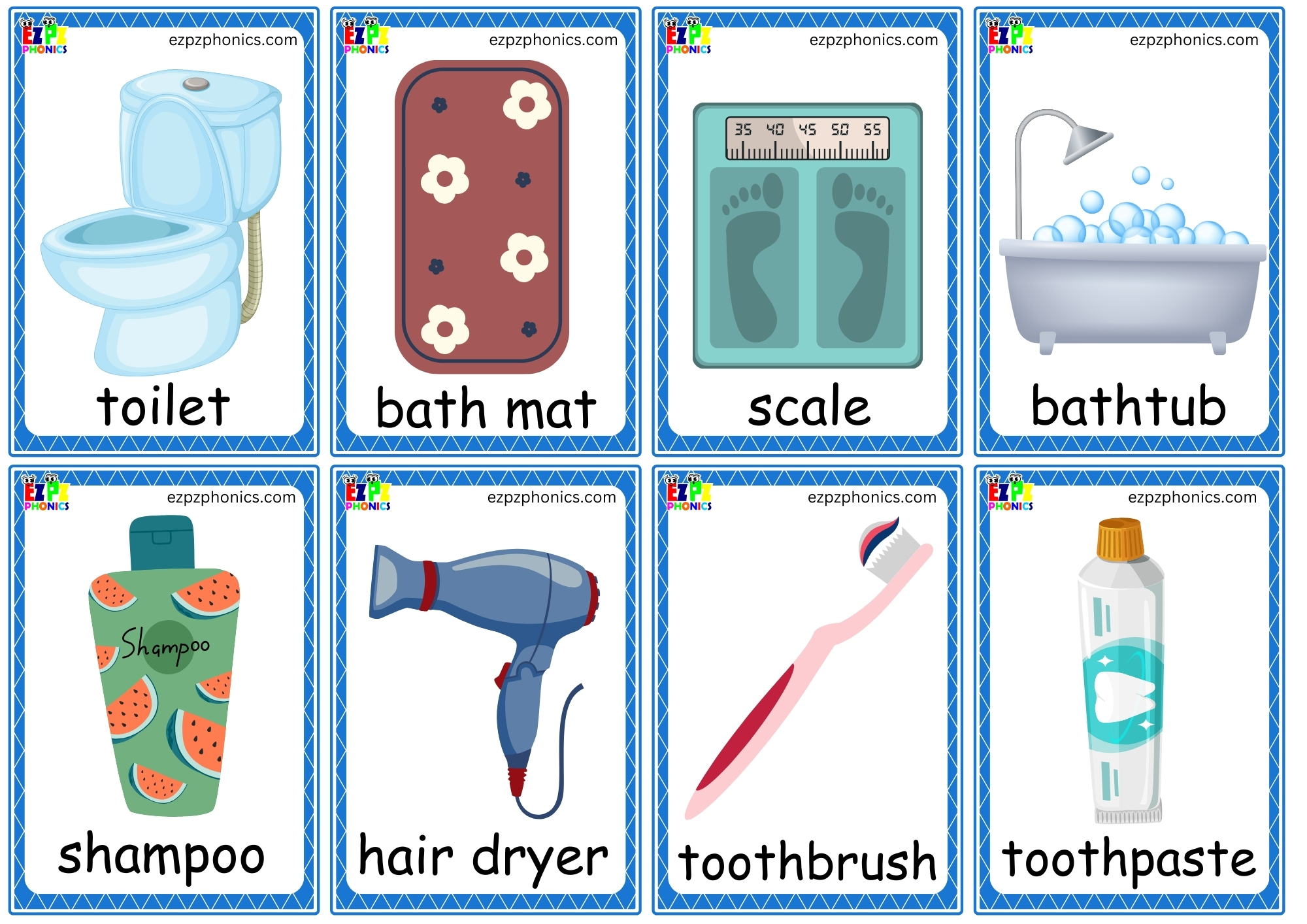 Bathroom Vocabulary Mini Flashcards and Game Cards - ezpzphonics.com