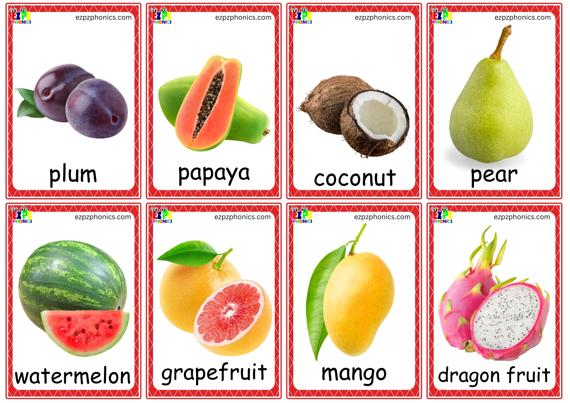 Fruits Mini Flashcards. My First English Words for Kids - ezpzphonics.com