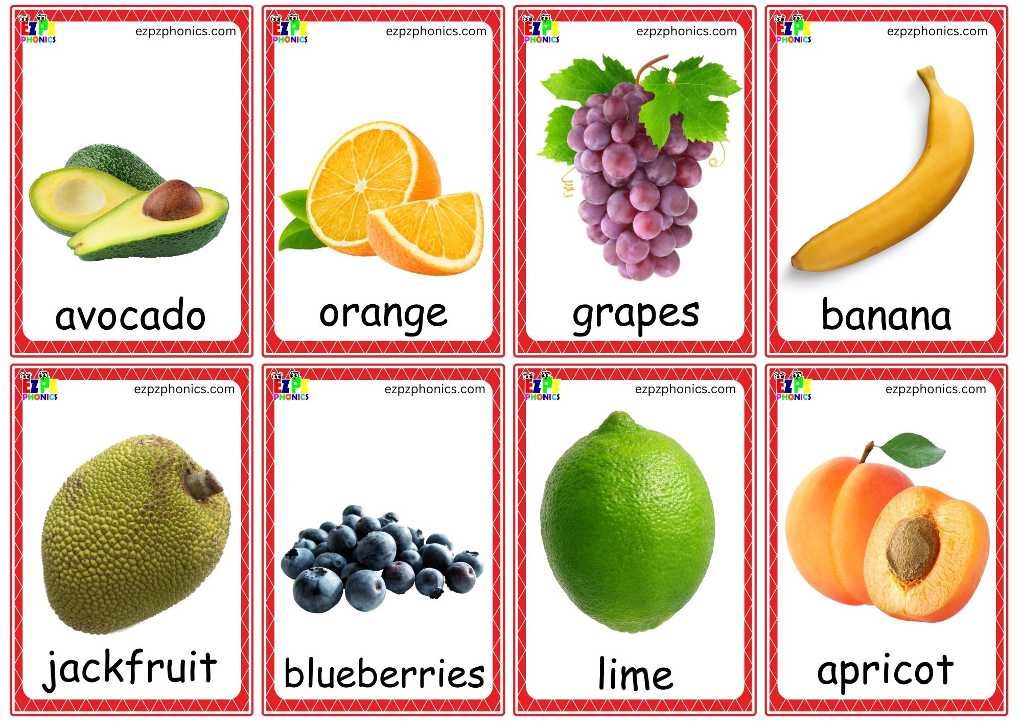 Fruits Mini Flashcards. My First English Words for Kids - ezpzphonics.com