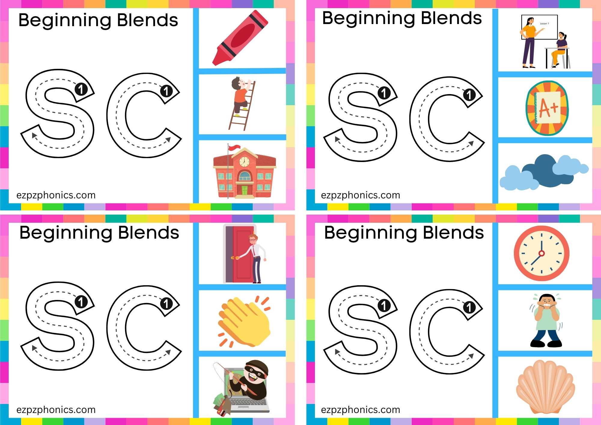 SC Beginning Blends Clip Cards Trace The Letters And Clip The Correct ...