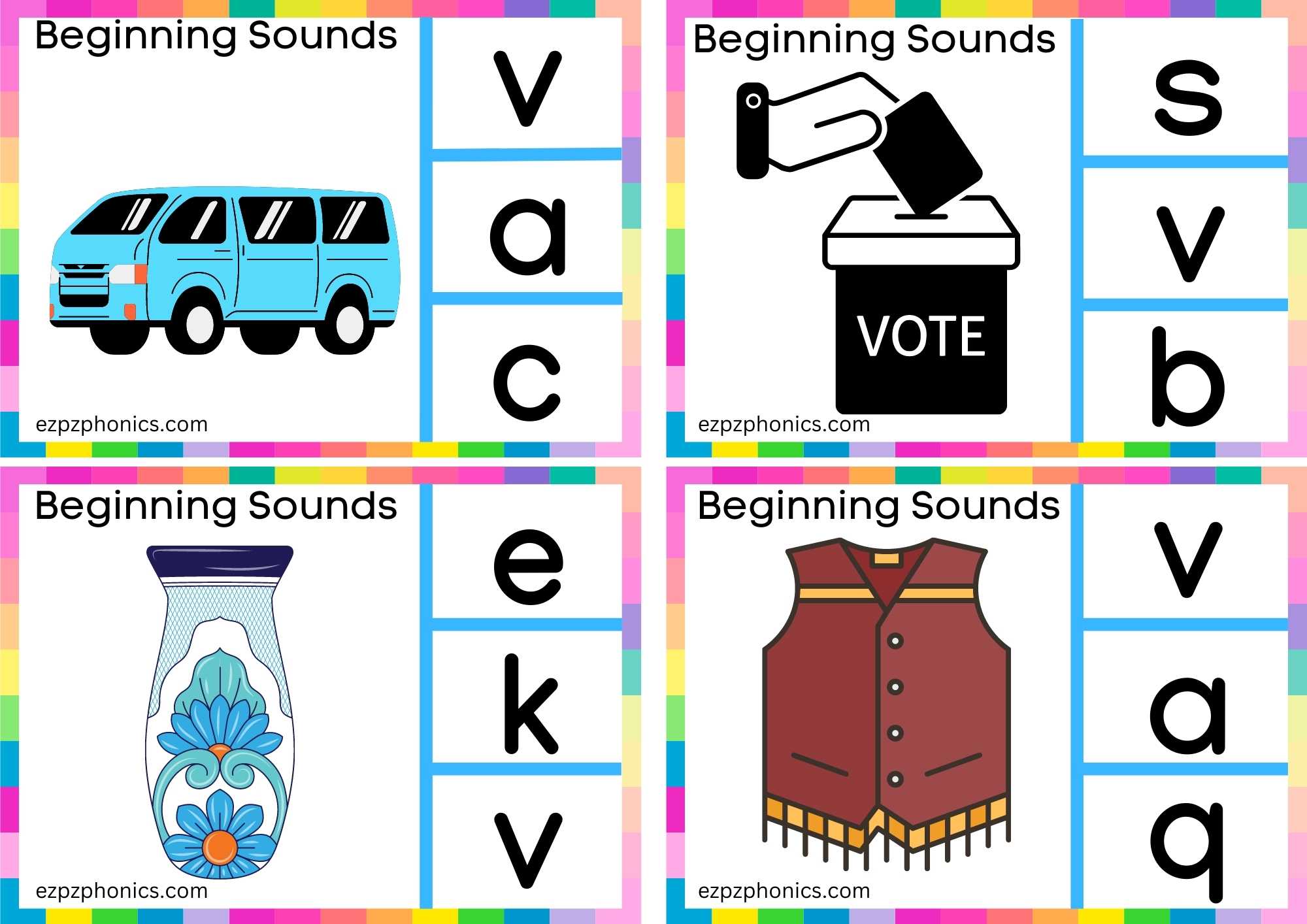 3 V Beginning Sound Clip Cards - ezpzphonics.com