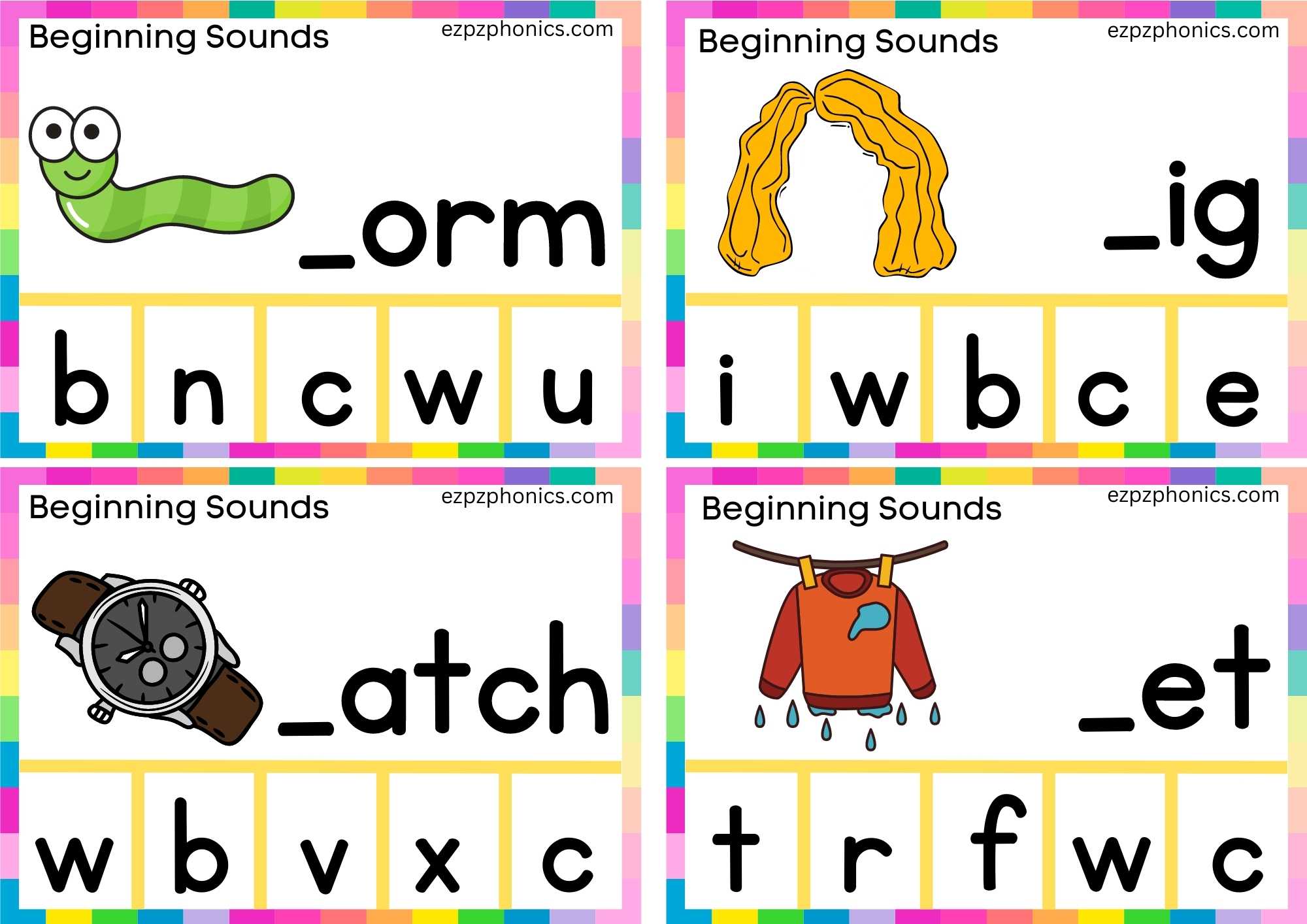 10 W Beginning Sound Clip Cards - ezpzphonics.com