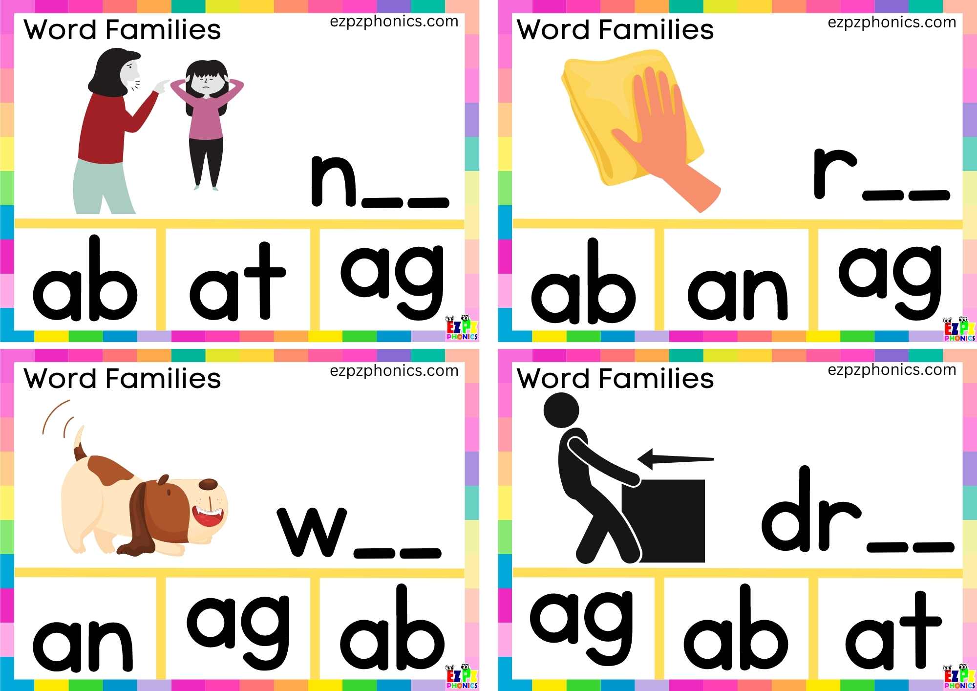 Word Family ag Finish the word and clip the correct letters Clip Cards ...