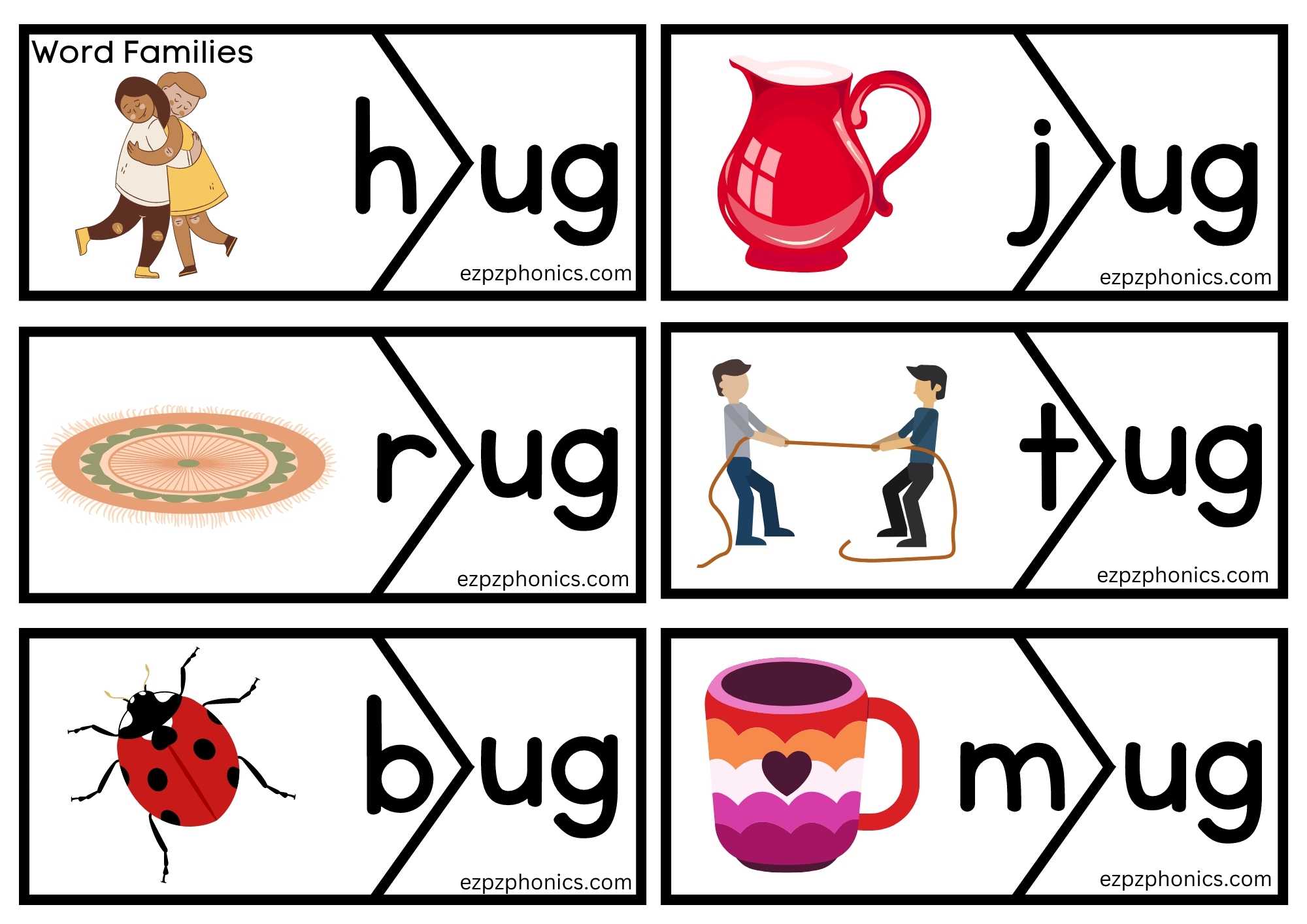Puzzle match activity for ug Word Family - ezpzphonics.com