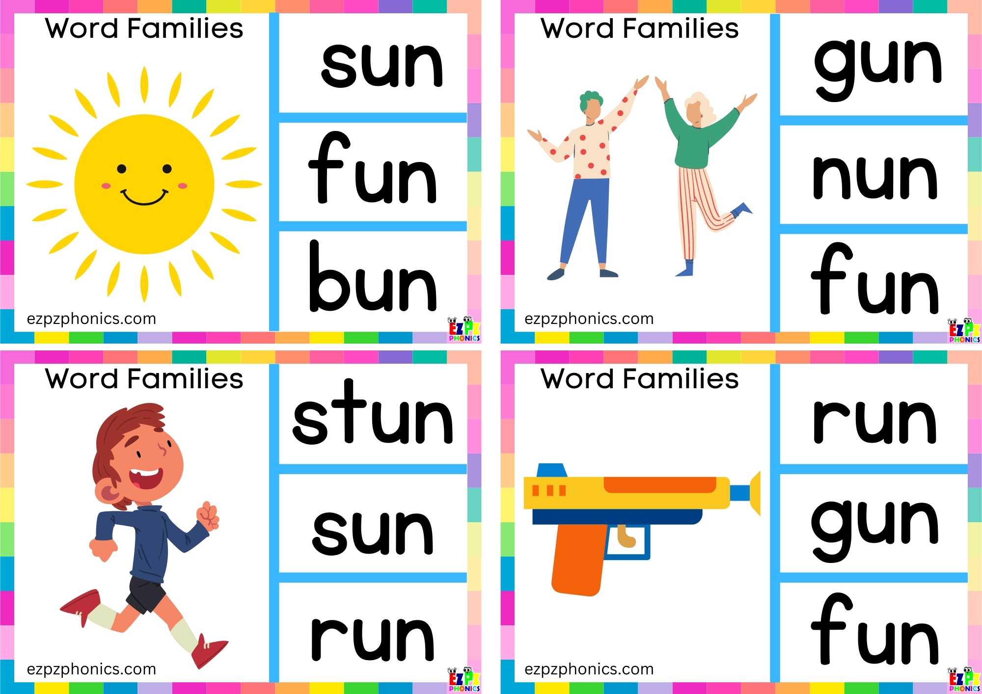 Look at the image and clip the correct word Word family un Includes 7 ...