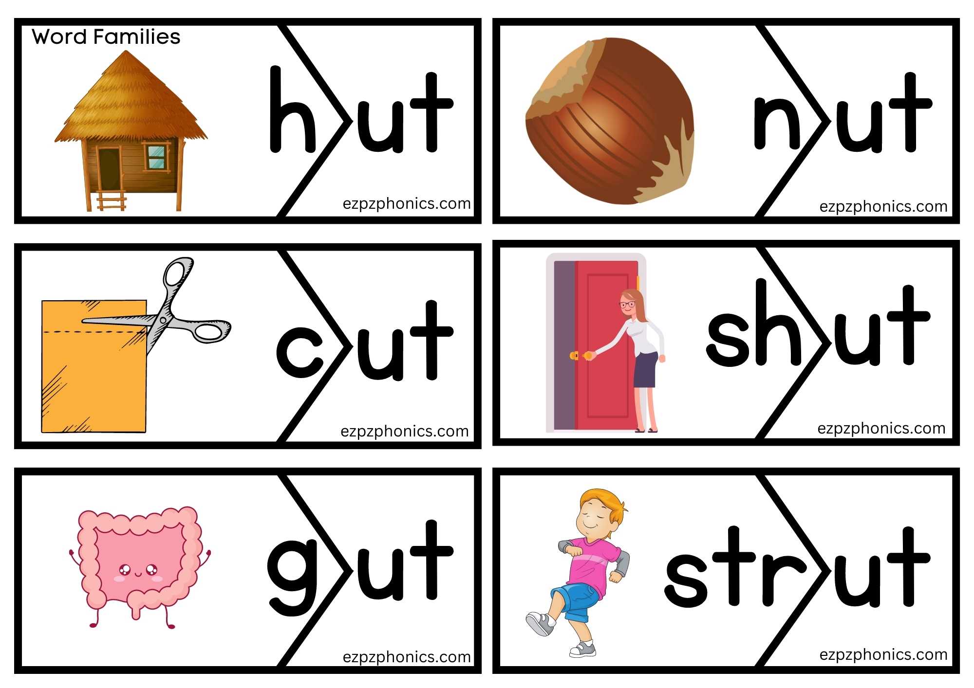 Puzzle match activity for kids Word family ut phonics - ezpzphonics.com