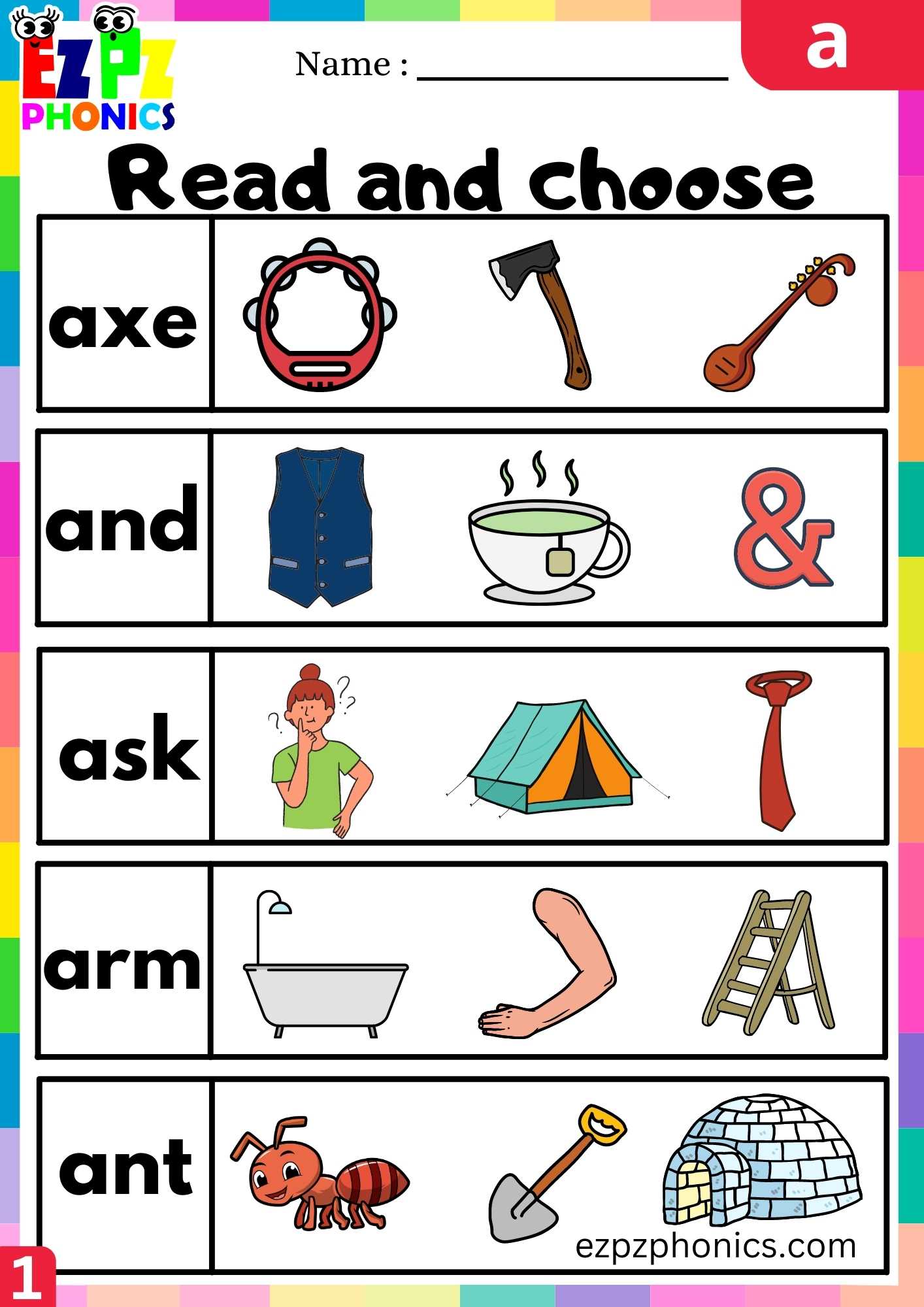 Letter a Read and Choose Beginning Sounds Worksheet - ezpzphonics.com