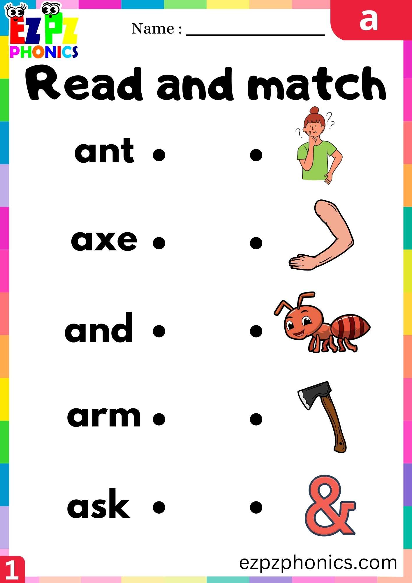Letter a Read and Match Beginning Sounds Worksheet - ezpzphonics.com
