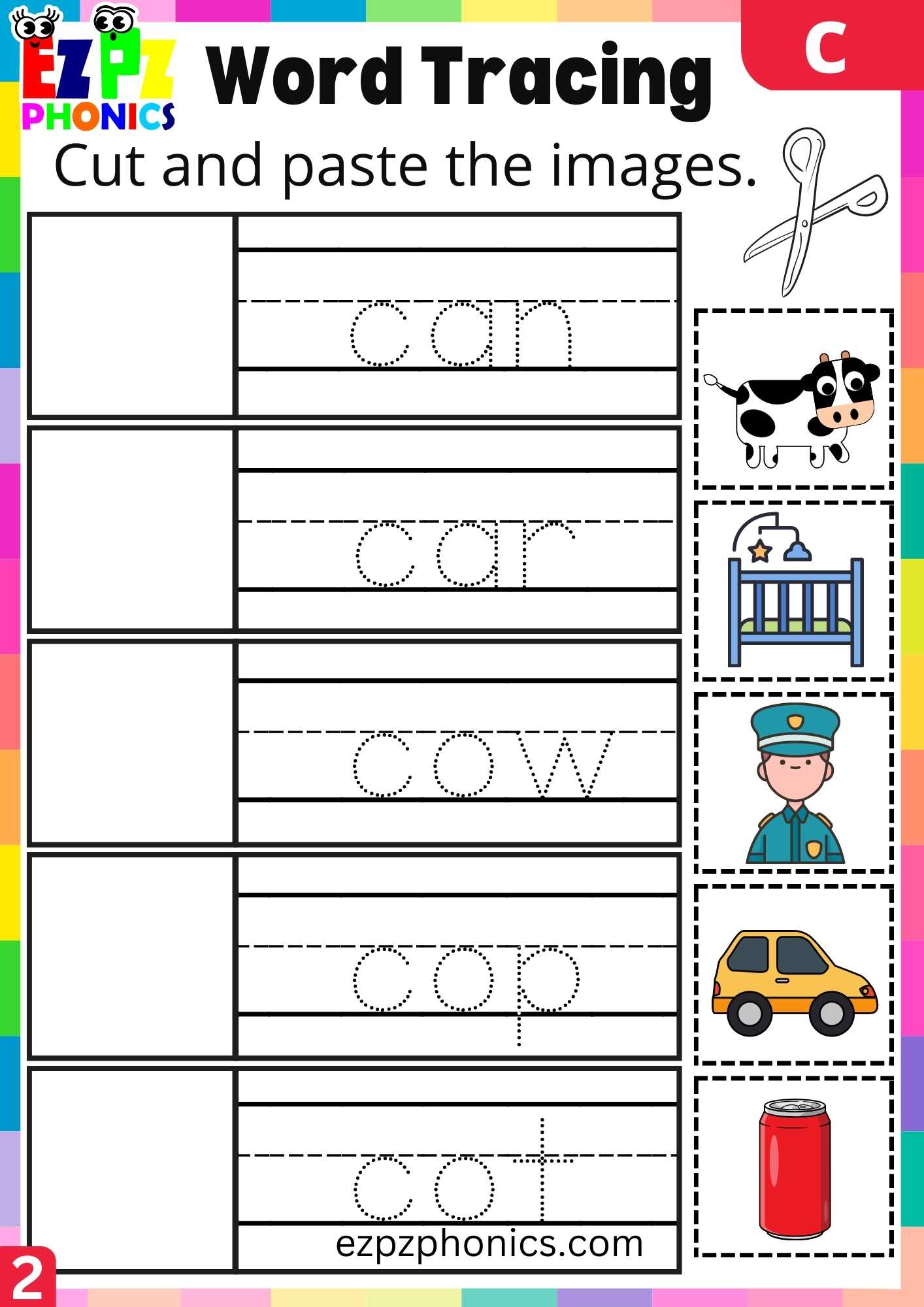 Group2 Letter C Word Tracing Beginning Sounds Worksheet - ezpzphonics.com
