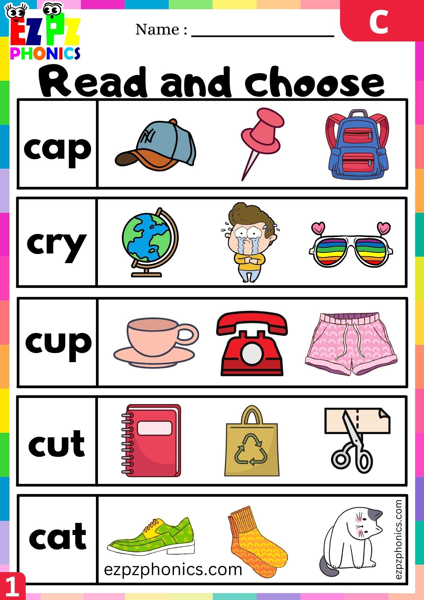 Letter C Read And Choose Beginning Sounds Worksheet - ezpzphonics.com