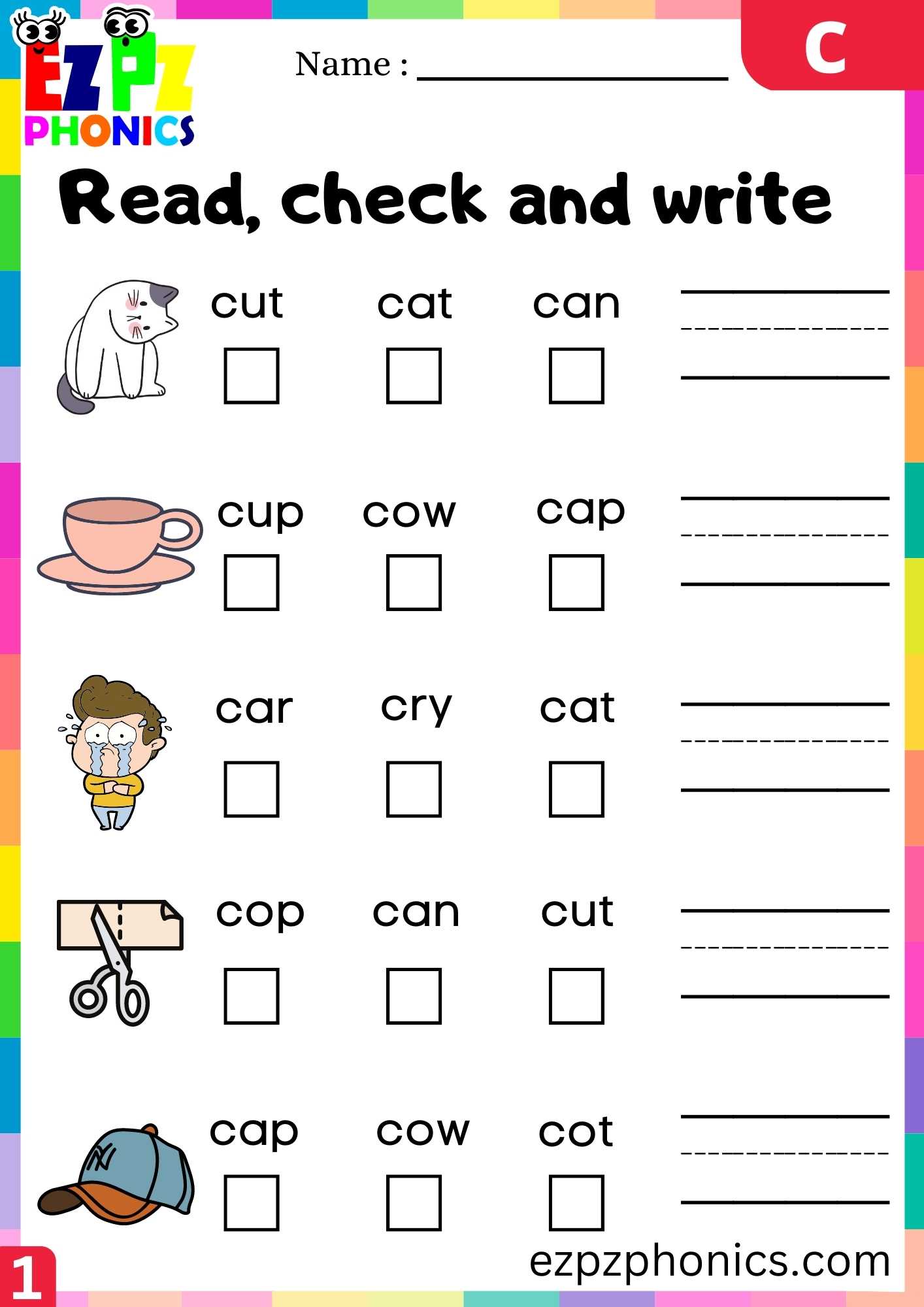 Letter C Read, Check And Write Beginning Sounds Worksheet - ezpzphonics.com
