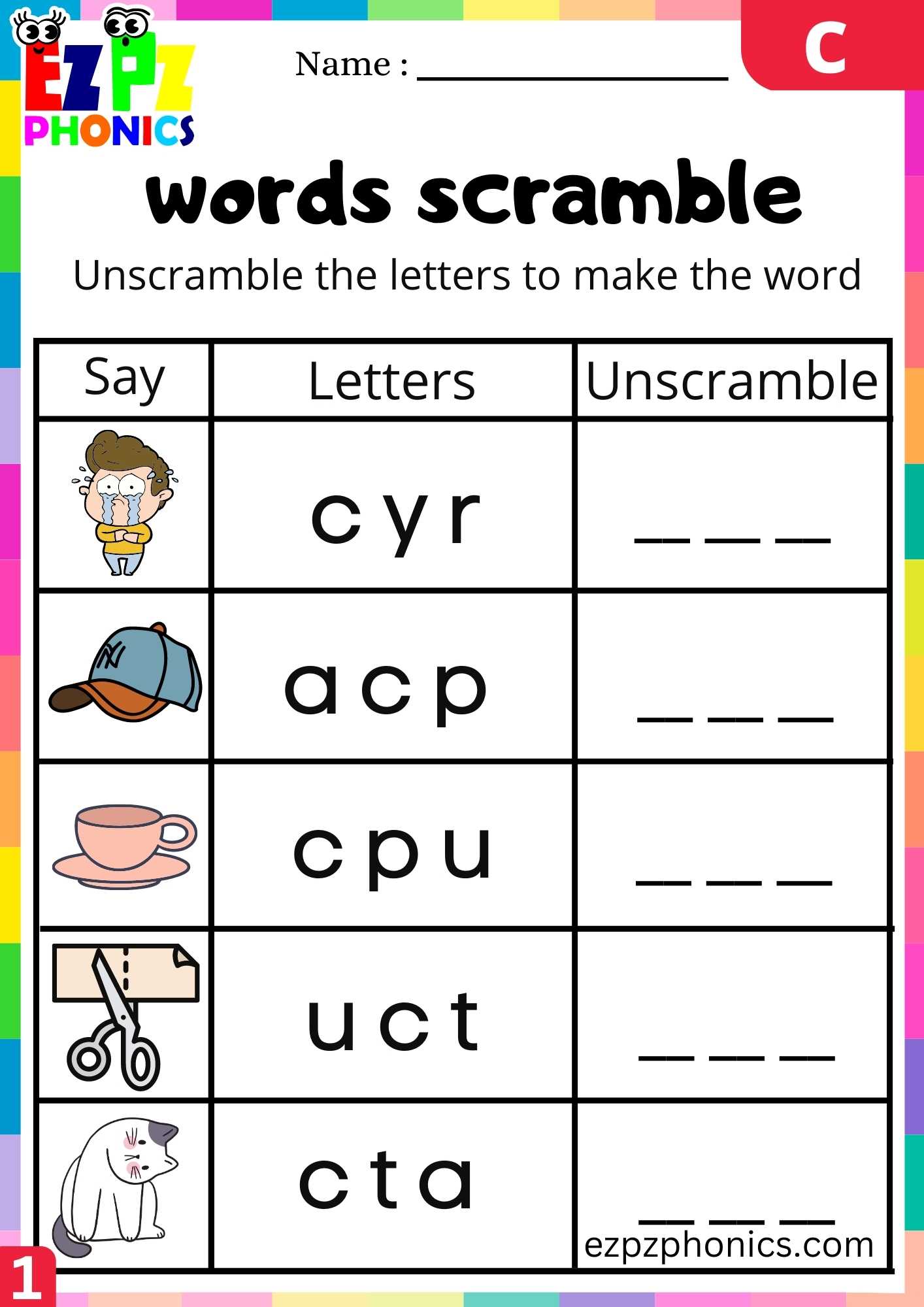 Letter C Words Scramble Beginning Sounds Worksheet - ezpzphonics.com