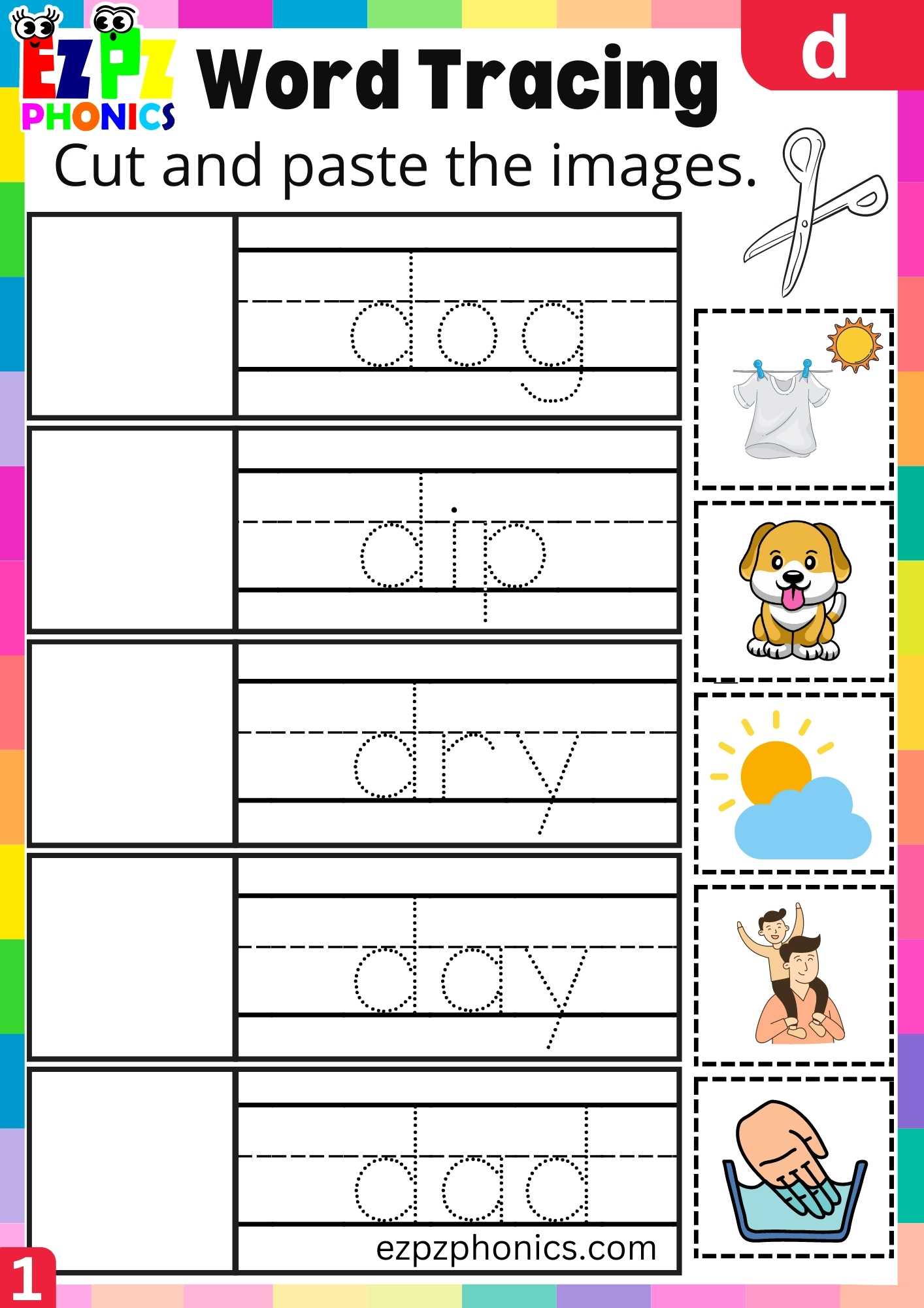 Letter D Word Tracing Beginning Sounds Worksheet - ezpzphonics.com