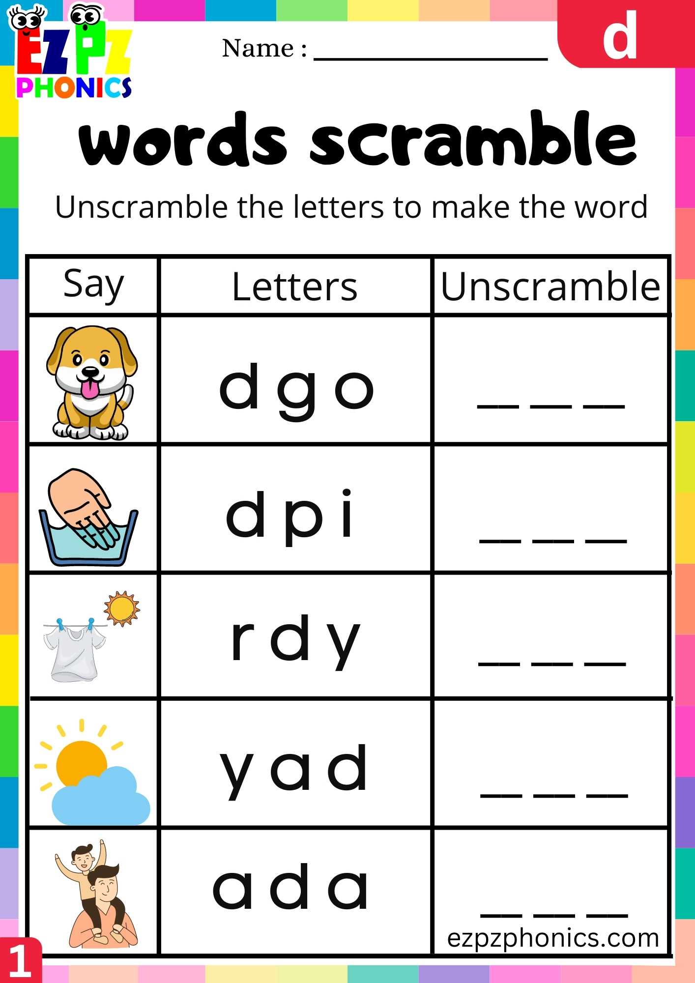 Letter D Words Scramble Beginning Sounds Worksheet - ezpzphonics.com