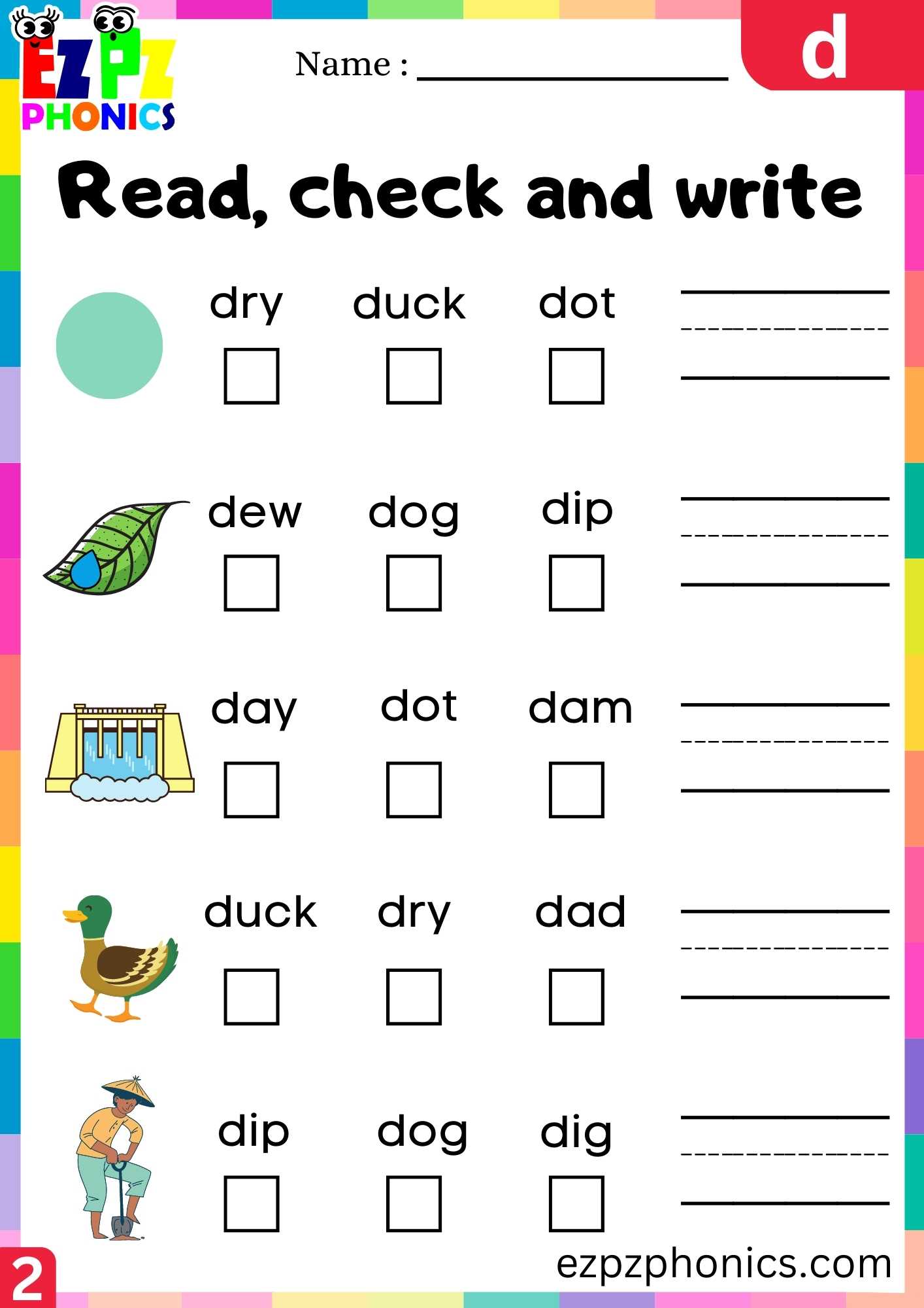 Group2 Letter D Read, Check And Write Beginning Sounds Worksheet ...