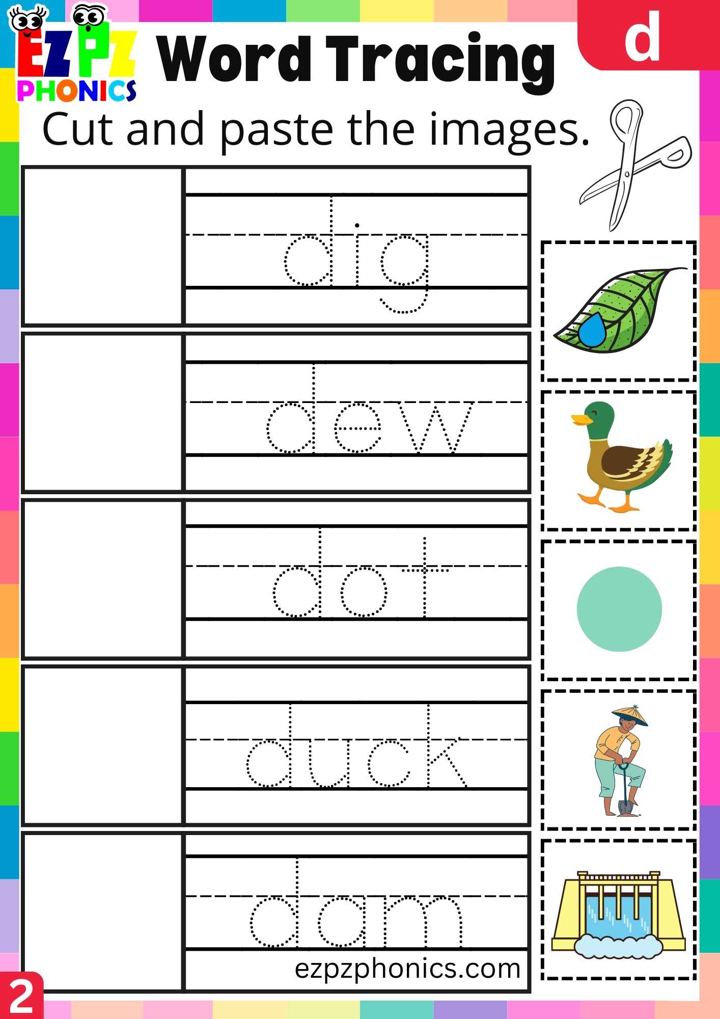 Group2 Letter D Word Tracing Beginning Sounds Worksheet - ezpzphonics.com