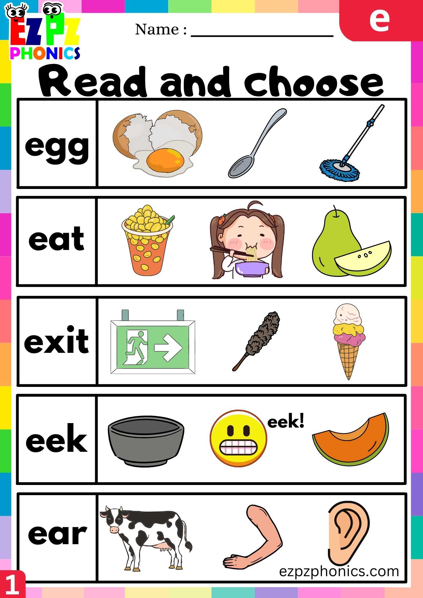 Letter E Read And Choose Beginning Sounds Worksheet - ezpzphonics.com