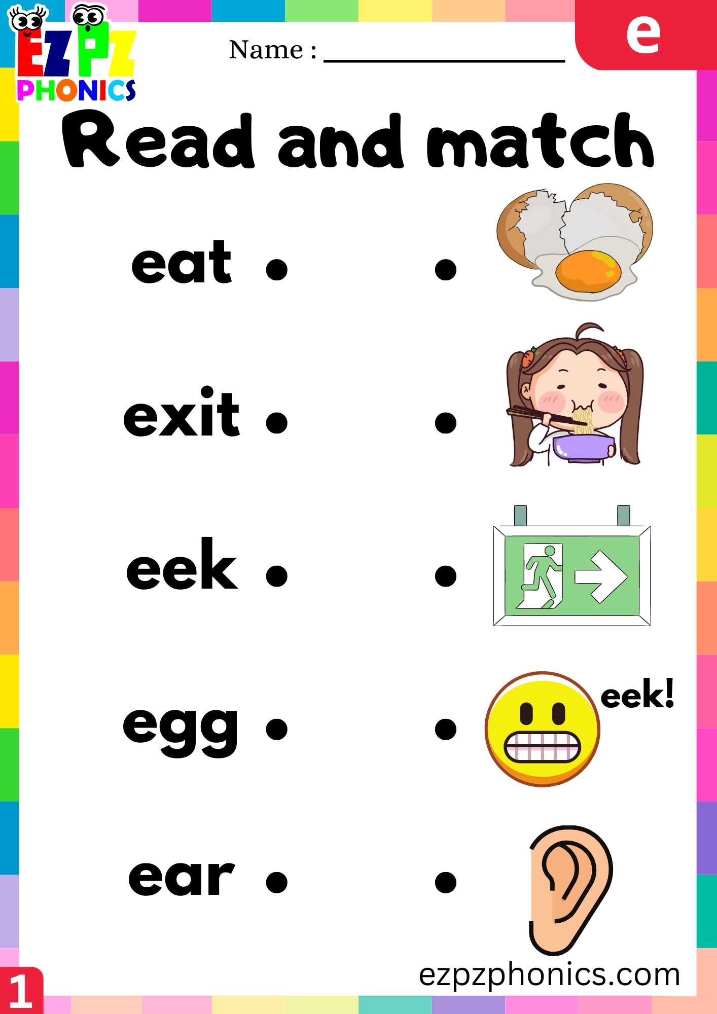 Letter E Read And Match Beginning Sounds Worksheet - ezpzphonics.com