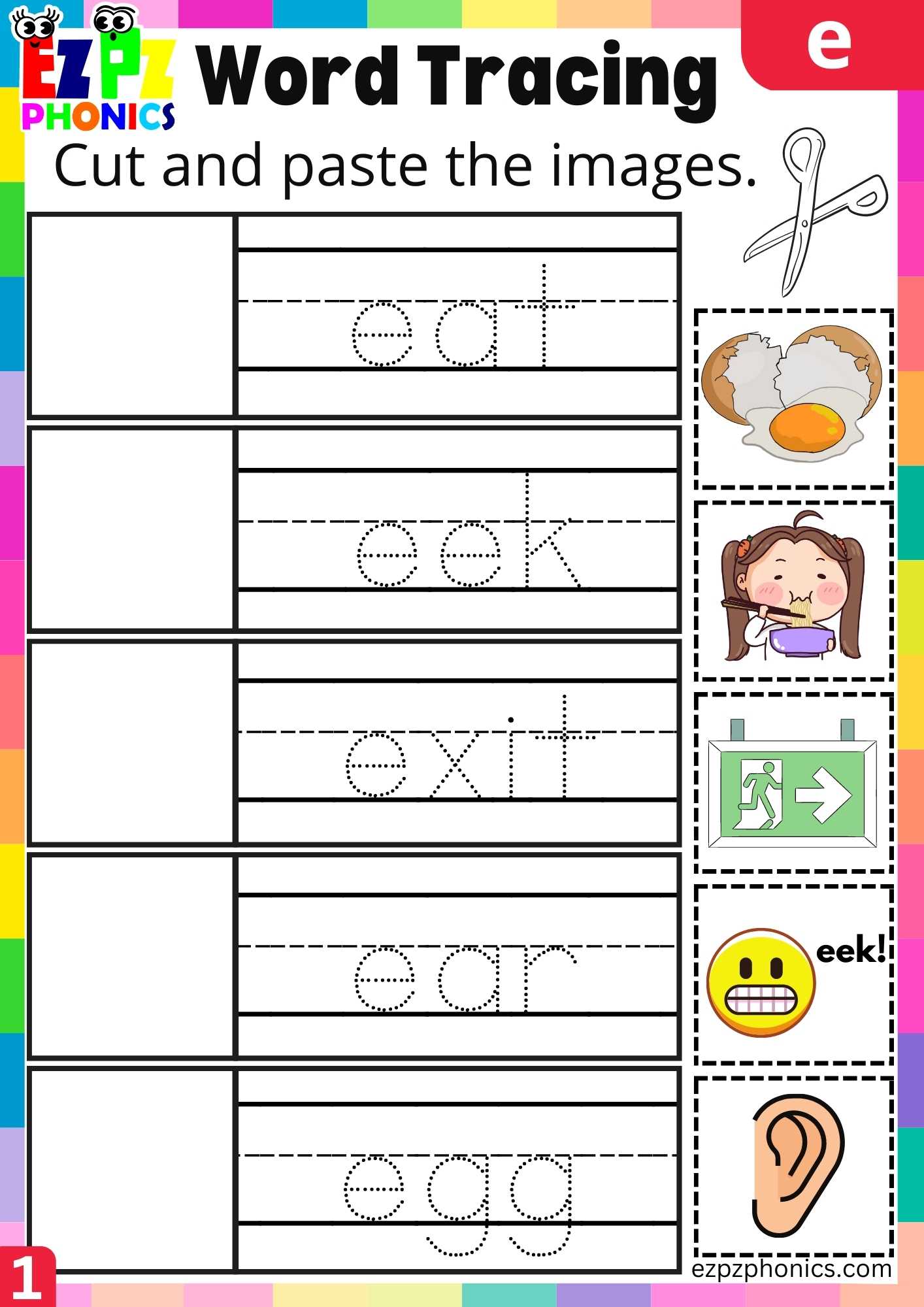Letter E Word Tracing Beginning Sounds Worksheet - ezpzphonics.com