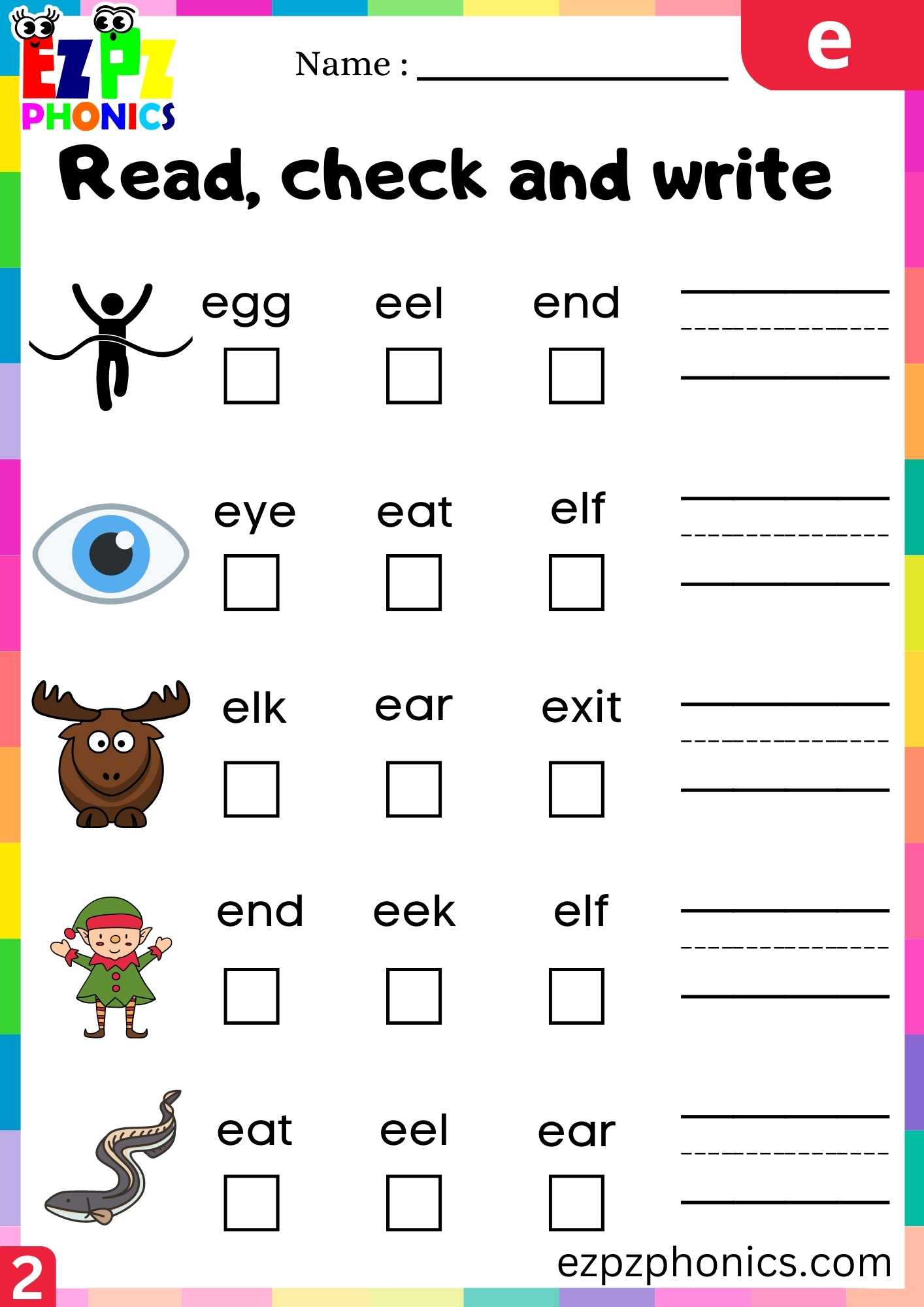 Group2 Letter E Read, Check And Write Beginning Sounds Worksheet ...