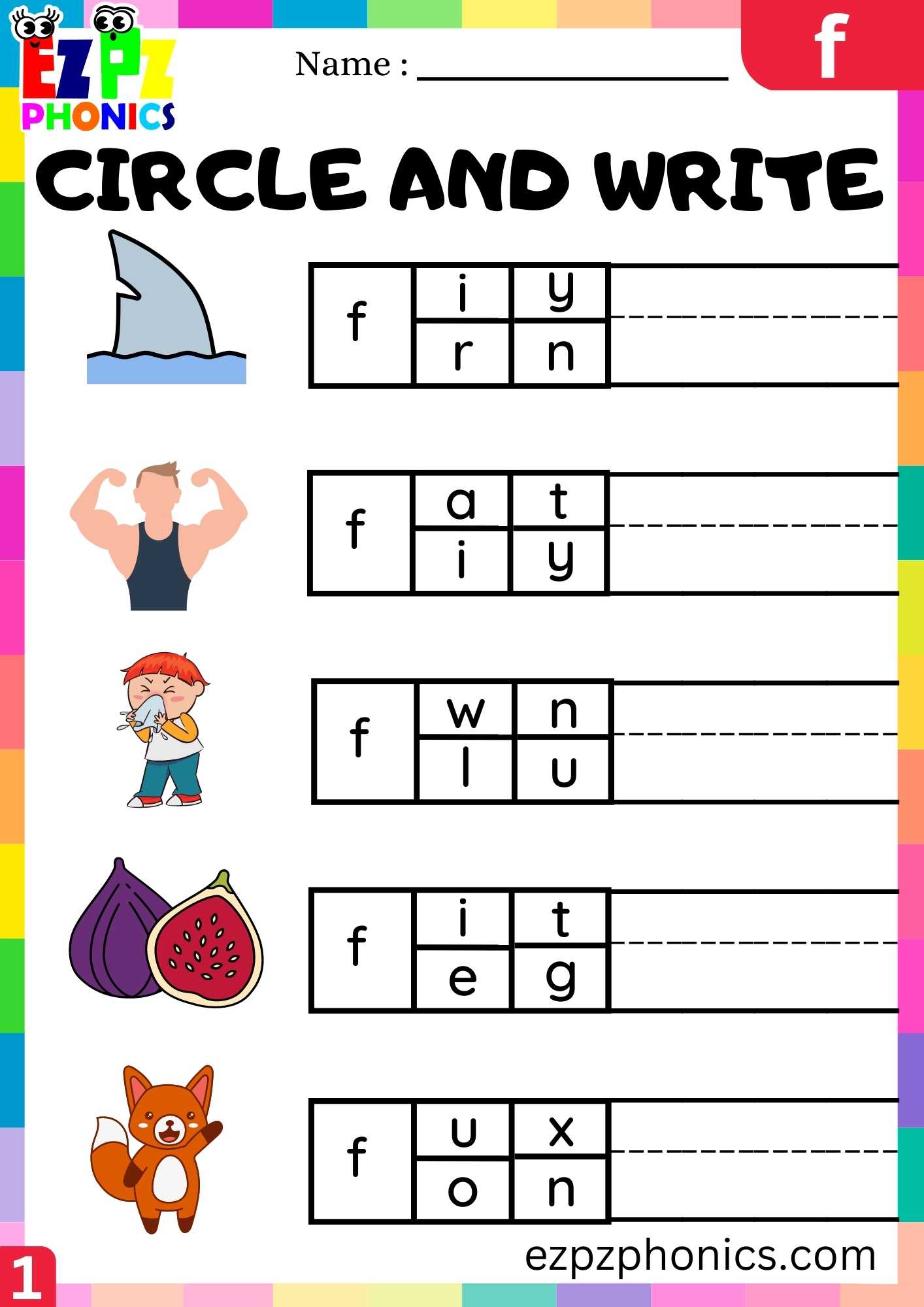 Letter F Circle And Write Beginning Sounds Worksheet - ezpzphonics.com