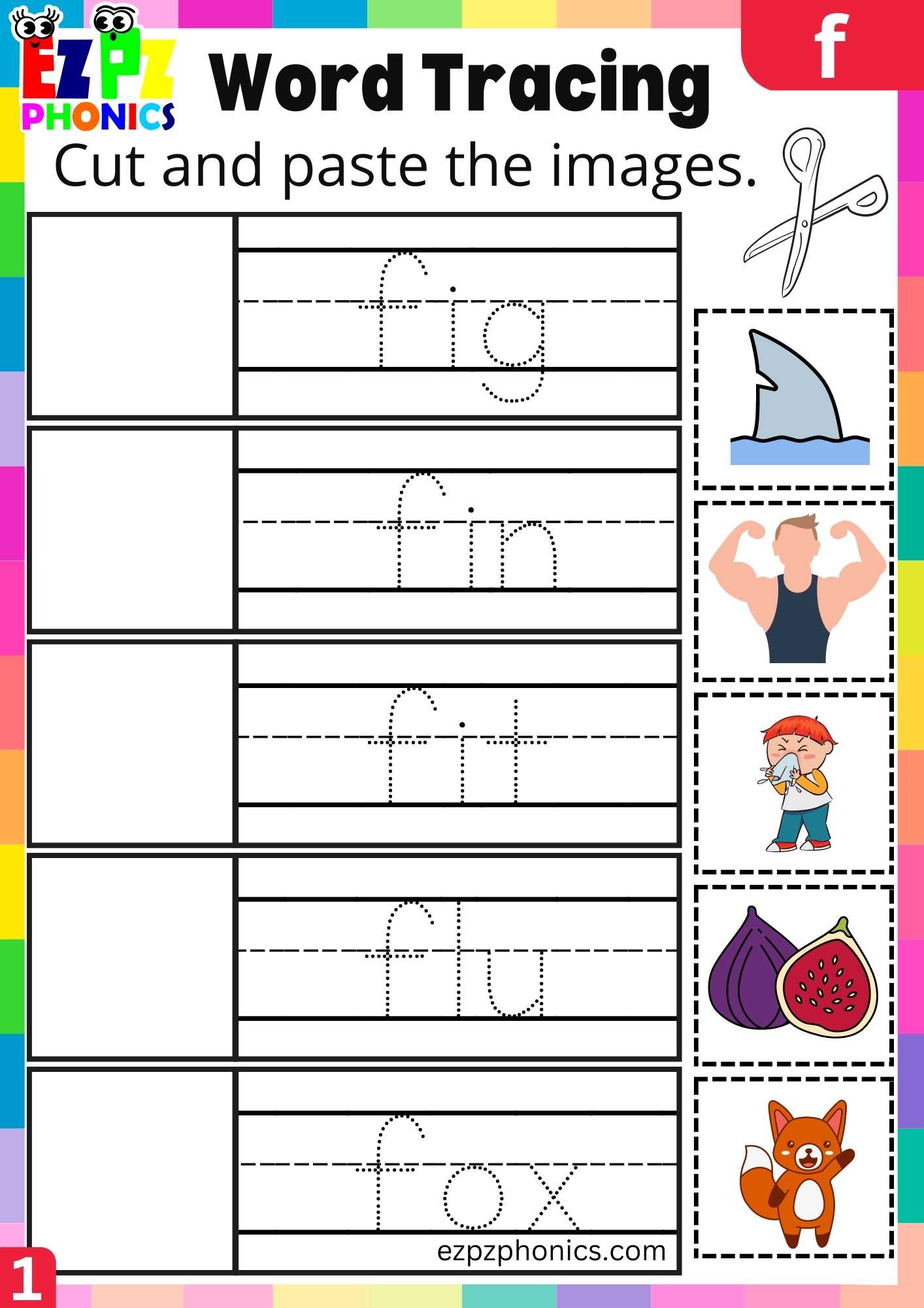 Letter F Word Tracing Beginning Sounds Worksheet - ezpzphonics.com