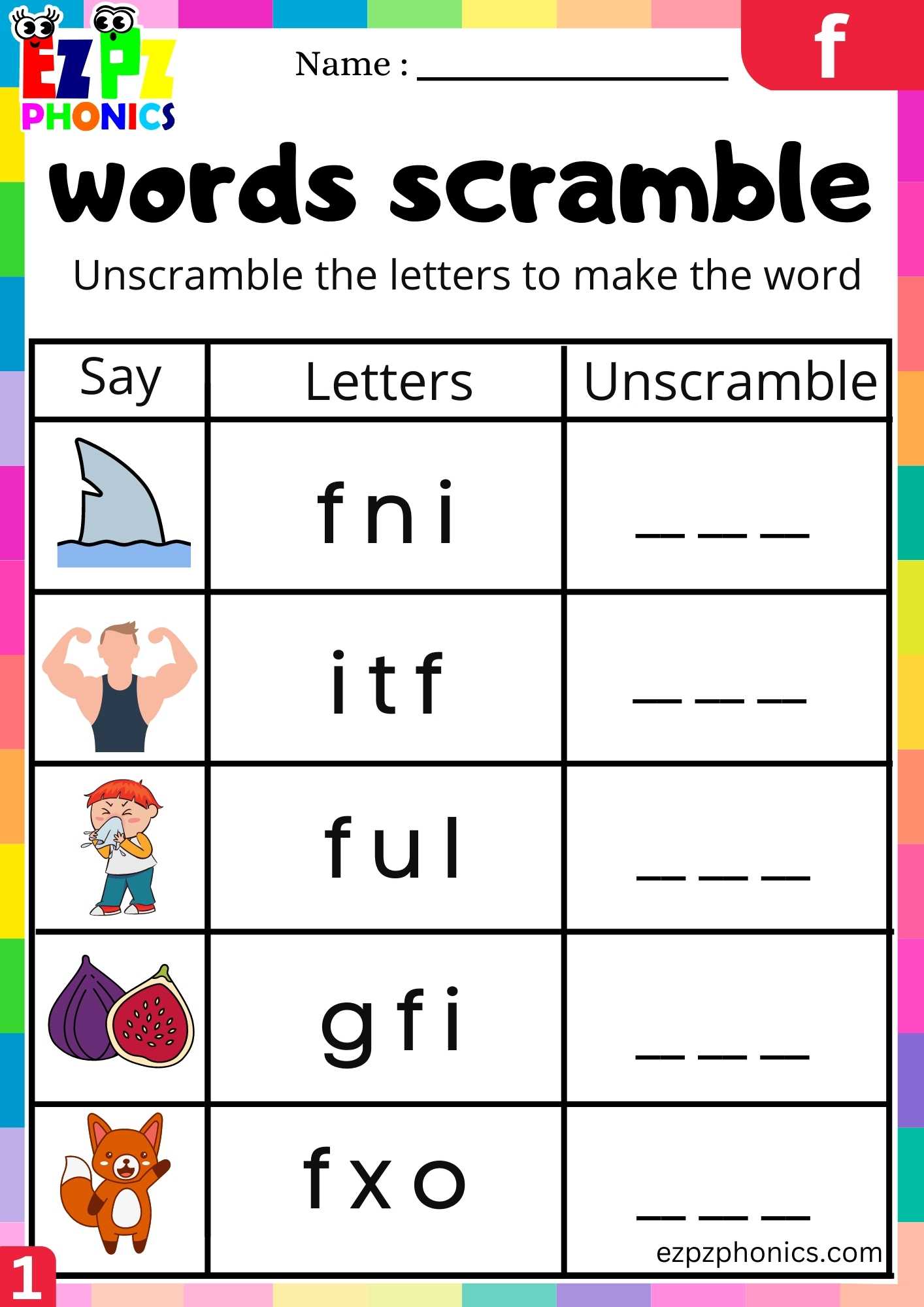 Letter F Words Scramble Beginning Sounds Worksheet - ezpzphonics.com