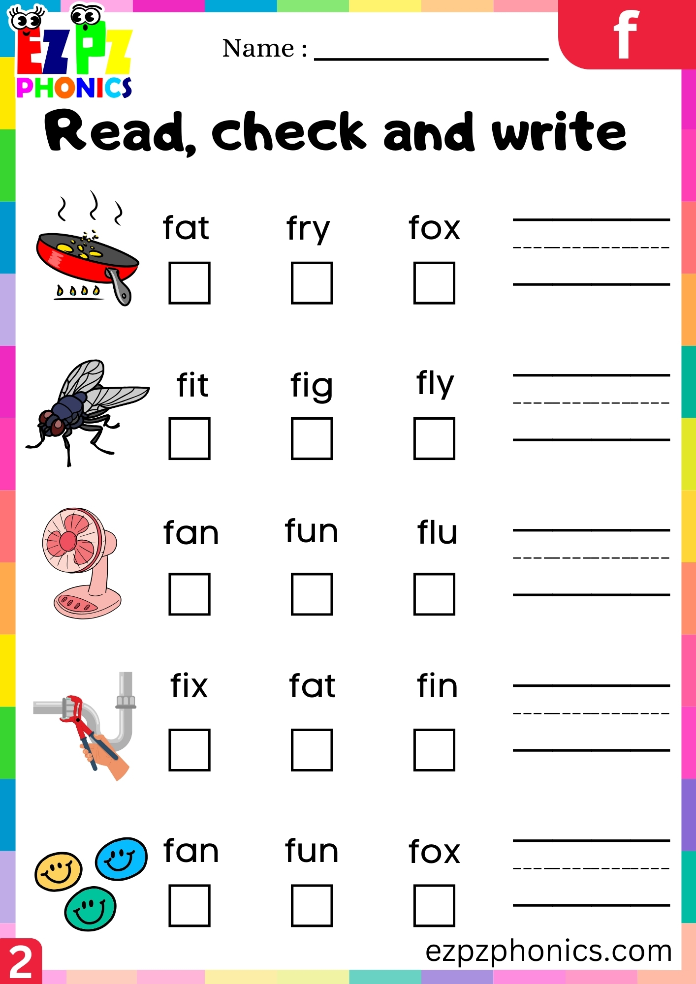 Number2 Letter F Read, Check And Write Beginning Sounds Worksheet ...