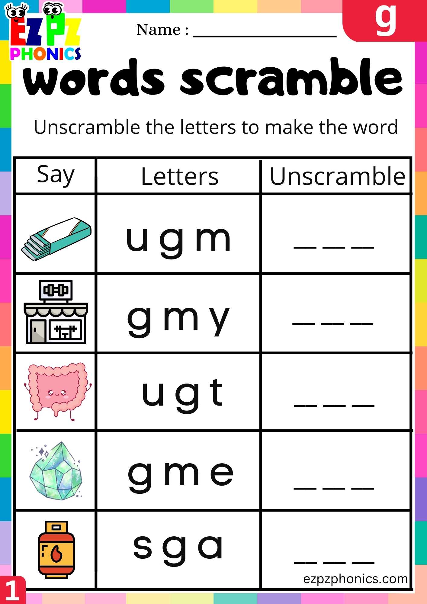 Letter G Words Scramble Beginning Sounds Worksheet - ezpzphonics.com