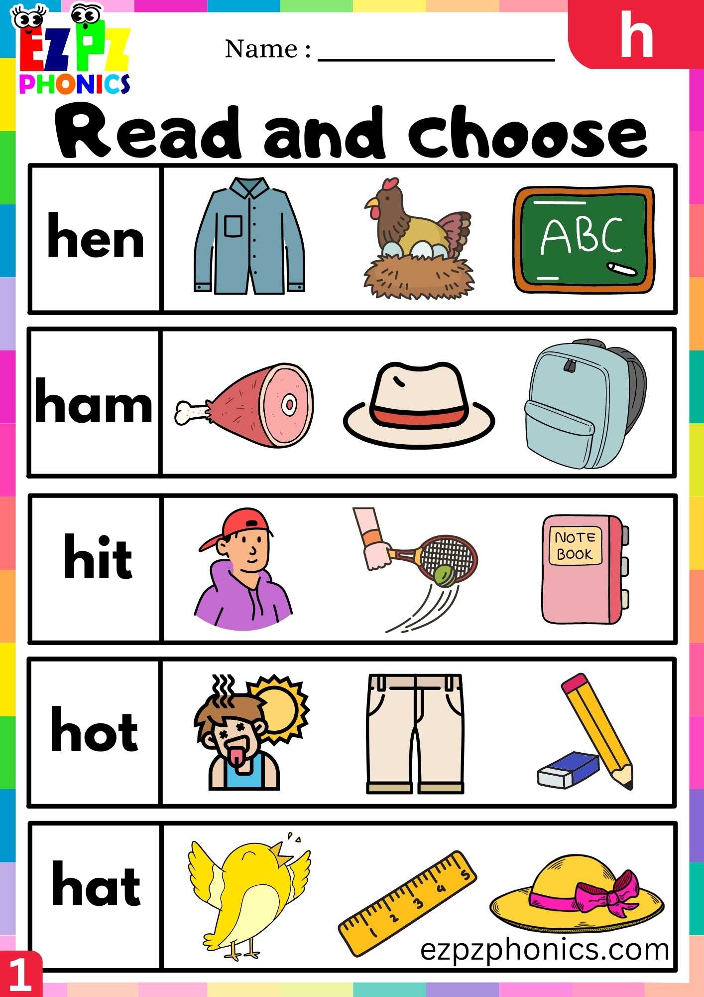 Letter H Read And Choose Beginning Sounds Worksheet - ezpzphonics.com
