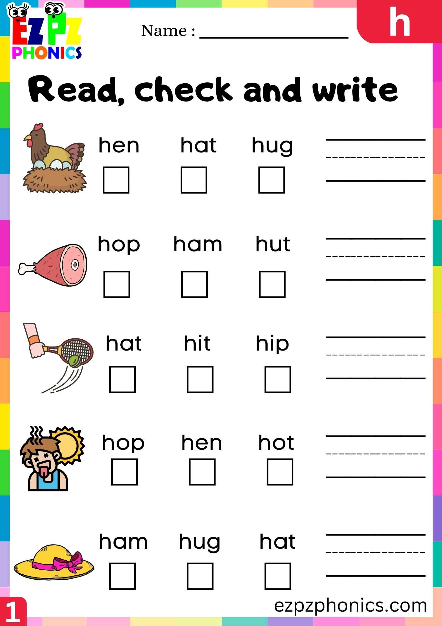 Letter H Read, Check And Write Beginning Sounds Worksheet - ezpzphonics.com