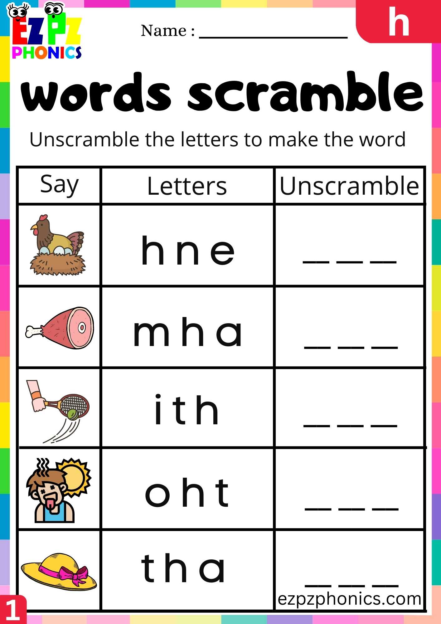Letter H Words Scramble Beginning Sounds Worksheet - ezpzphonics.com