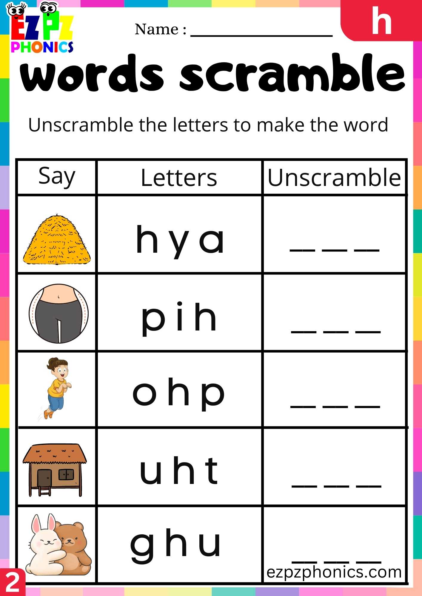 Group2 Letter H Words Scramble Beginning Sounds Worksheet - ezpzphonics.com