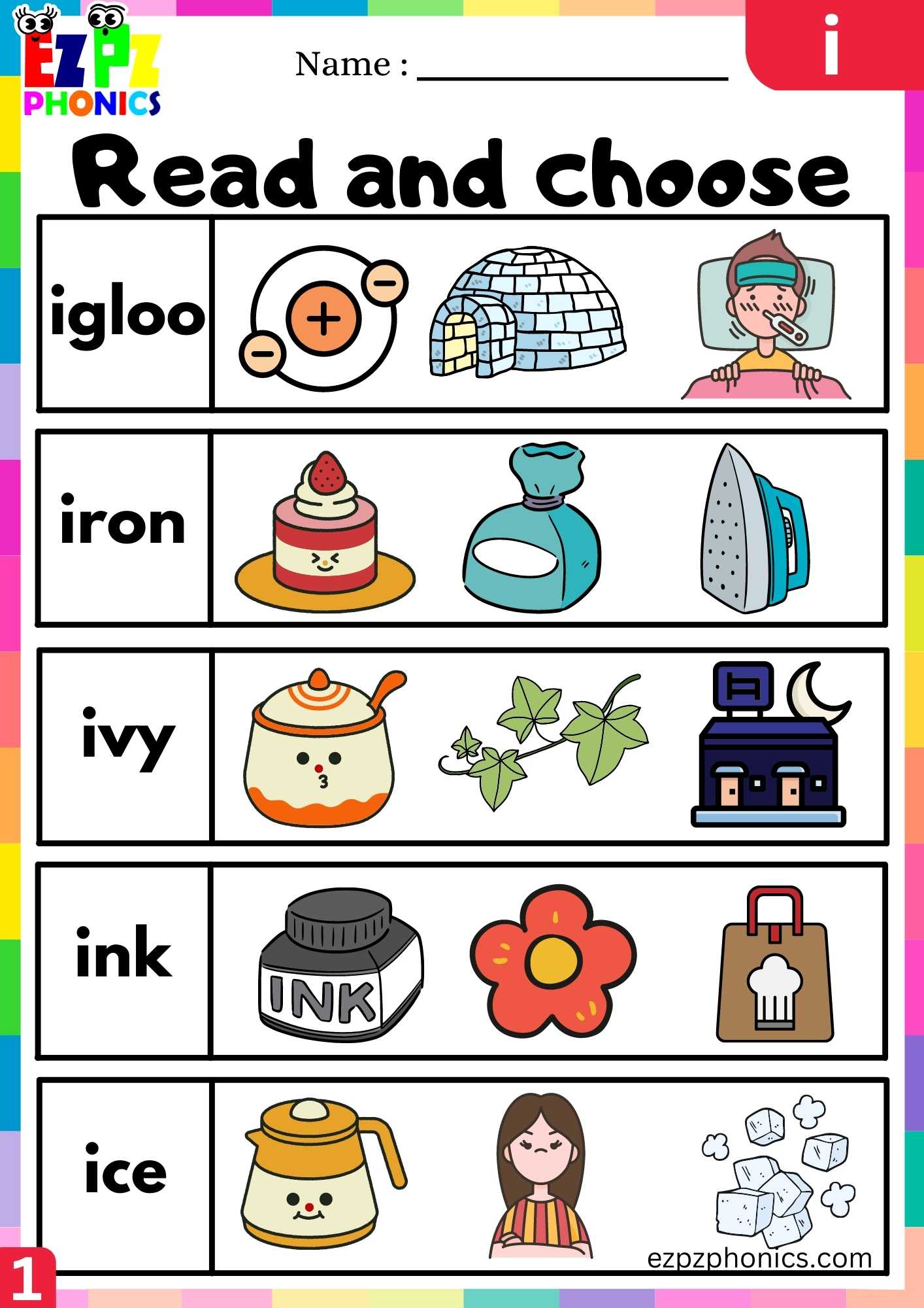 Letter I Read And Choose Beginning Sounds Worksheet - ezpzphonics.com