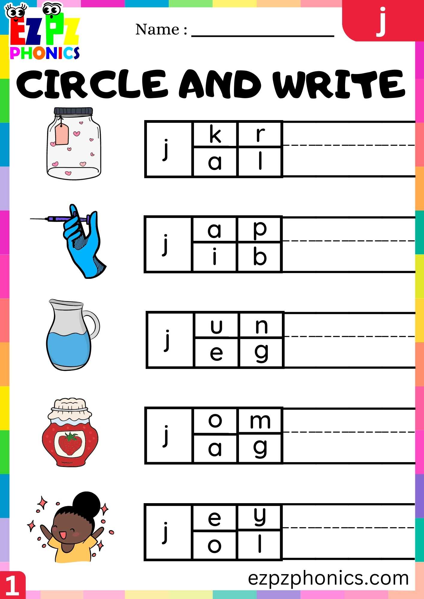 Letter J Circle And Write Beginning Sounds Worksheet - ezpzphonics.com