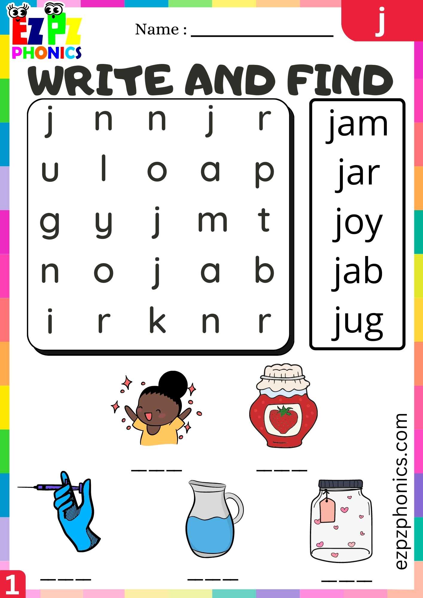Letter J Write And Find Beginning Sounds Worksheet - ezpzphonics.com