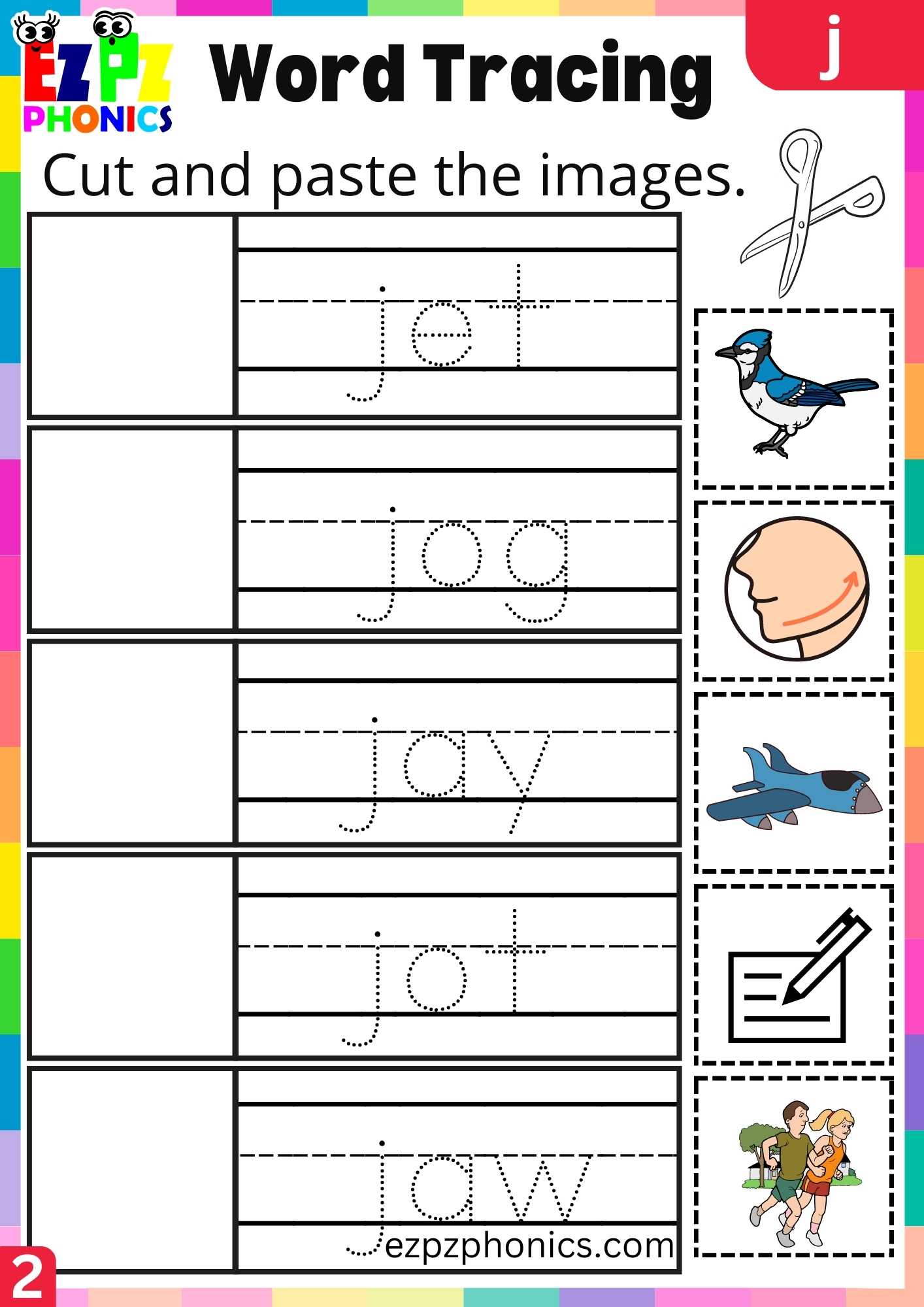 Group2 Letter J Word Tracing Beginning Sounds Worksheet - ezpzphonics.com