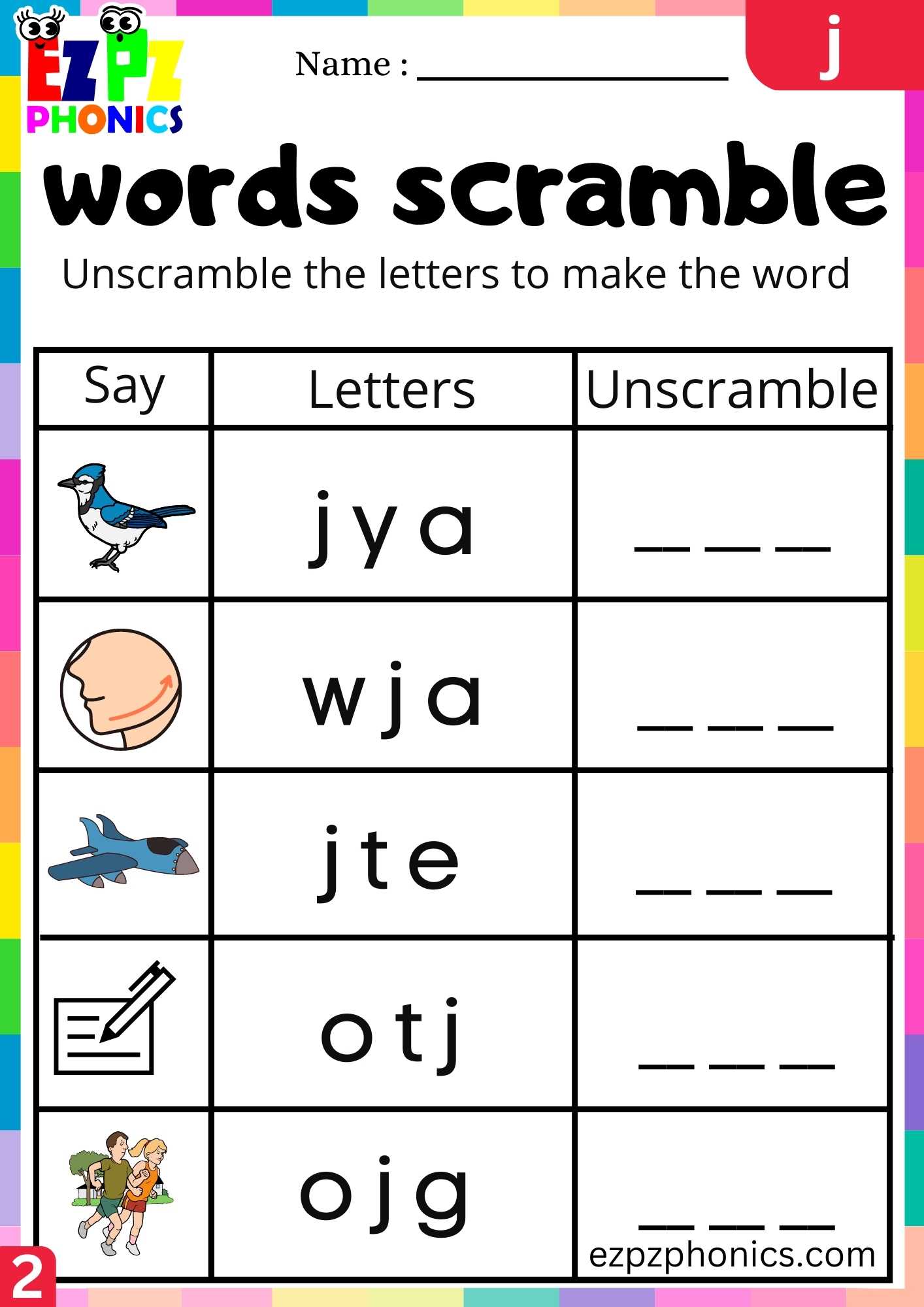 Group2 Letter J Words Scramble Beginning Sounds Worksheet - ezpzphonics.com