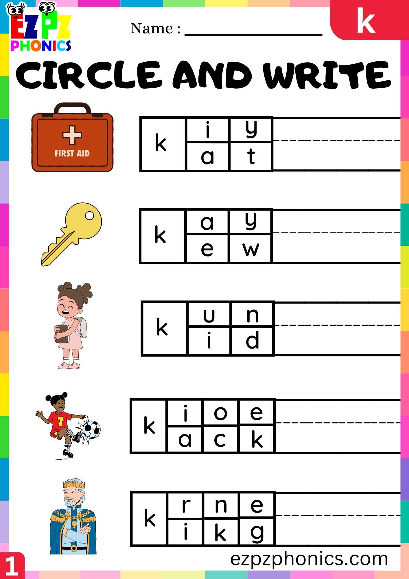 Letter K Circle And Write Beginning Sounds Worksheet - ezpzphonics.com