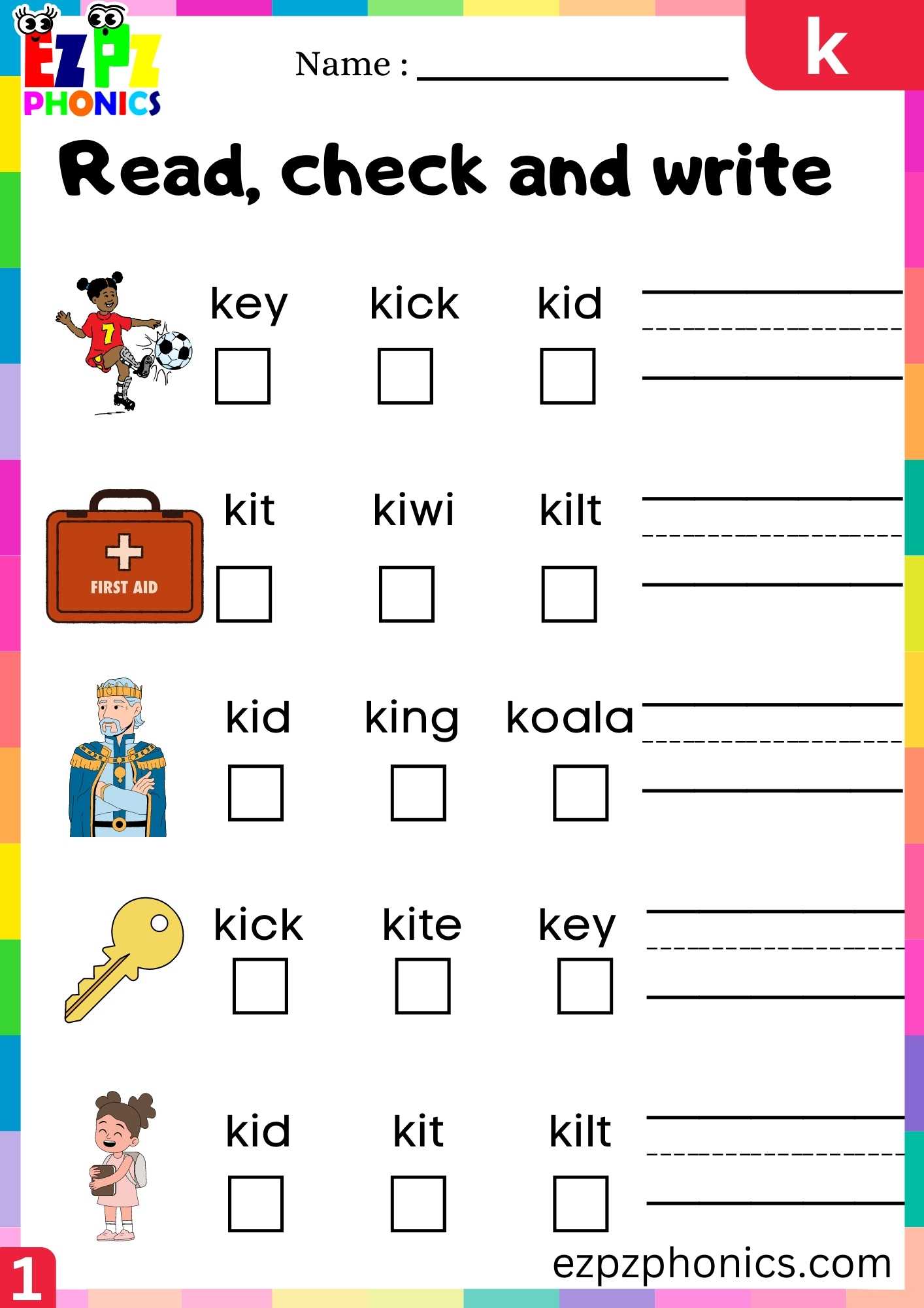 Letter K Read, Check And Write Beginning Sounds Worksheet - ezpzphonics.com