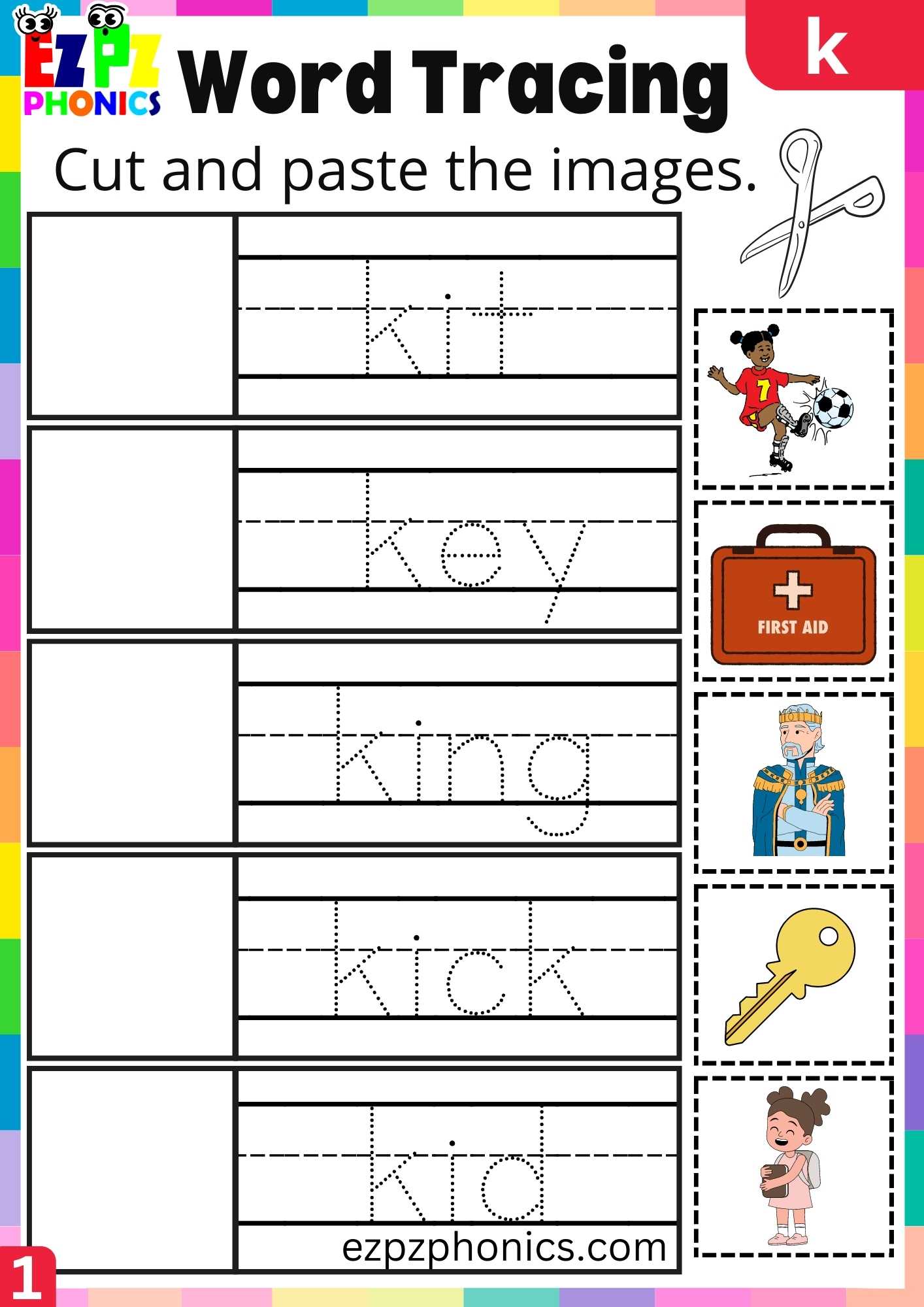 Letter K Word Tracing Beginning Sounds Worksheet - ezpzphonics.com