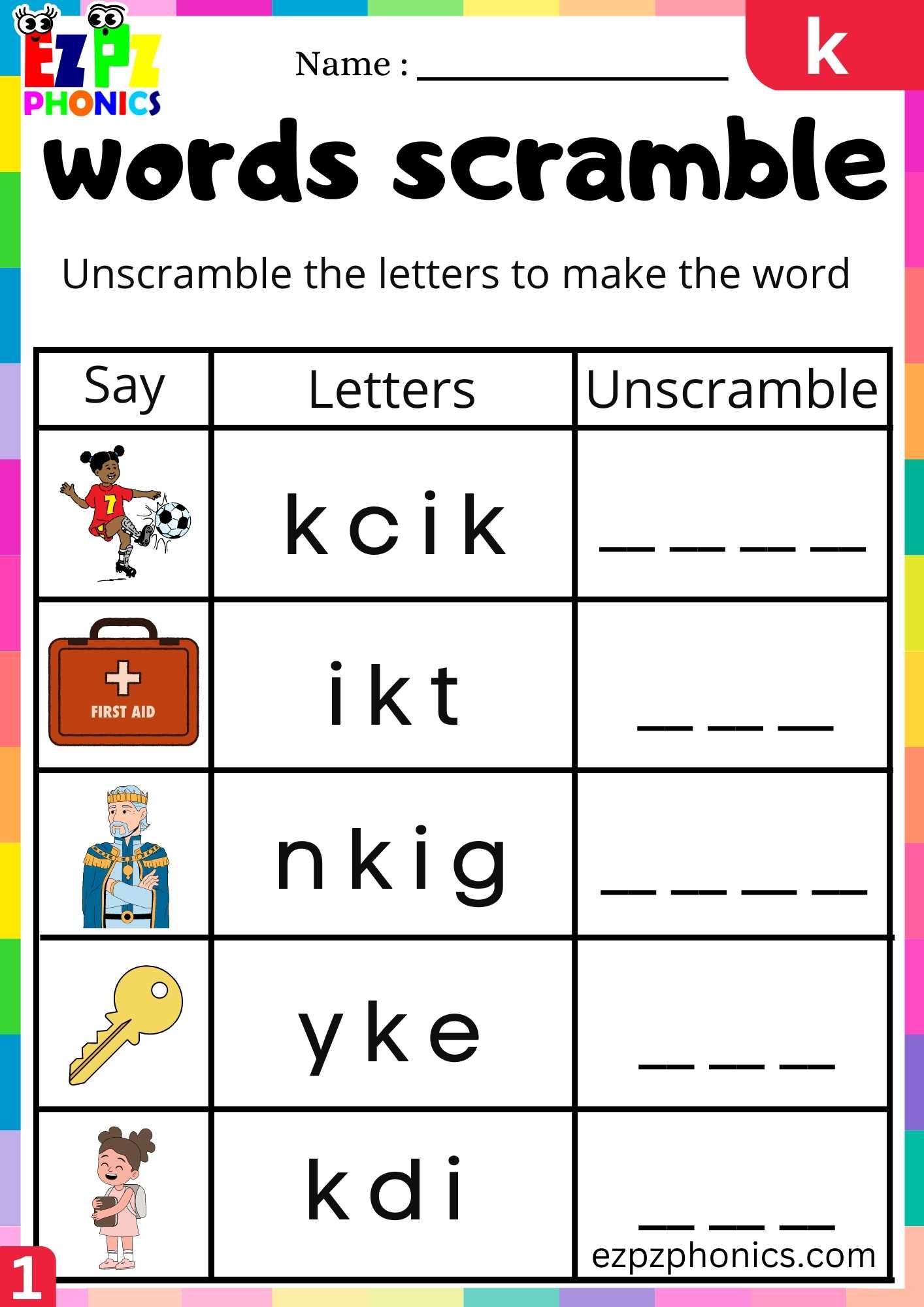 Letter K Words Scramble Beginning Sounds Worksheet - ezpzphonics.com
